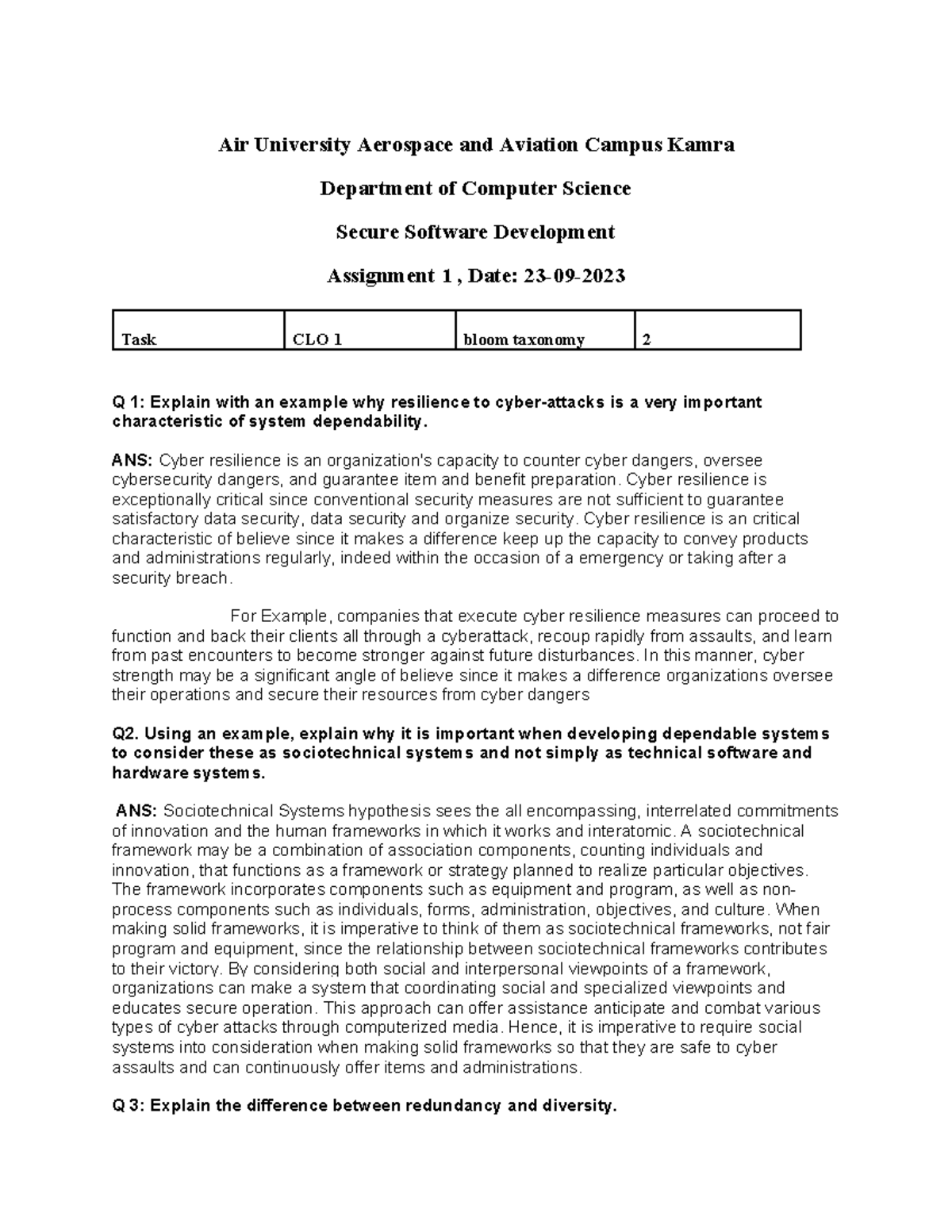 SSD Assignment # 1 - Air University Aerospace and Aviation Campus Kamra Department of Computer ...