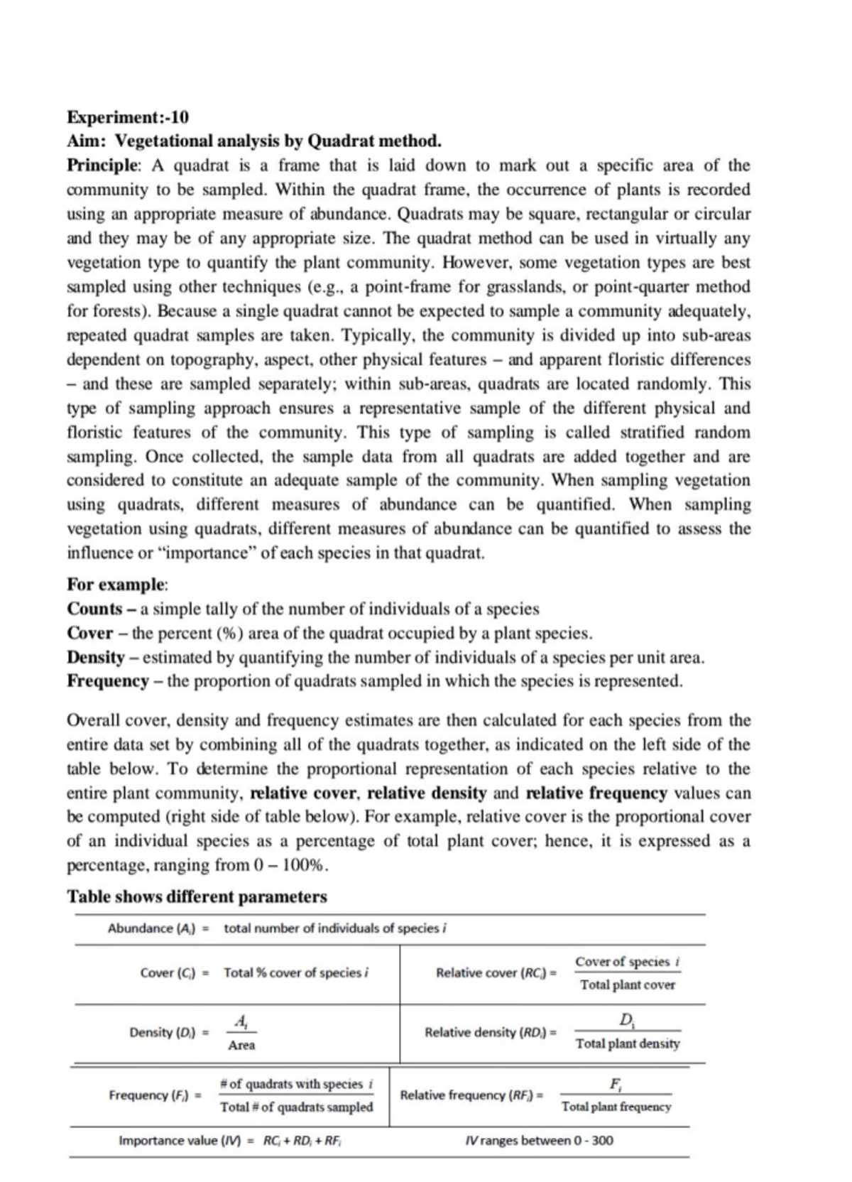 Vegetation Analysis Using The Quadrat Method Principles And Applications Experiment Aim