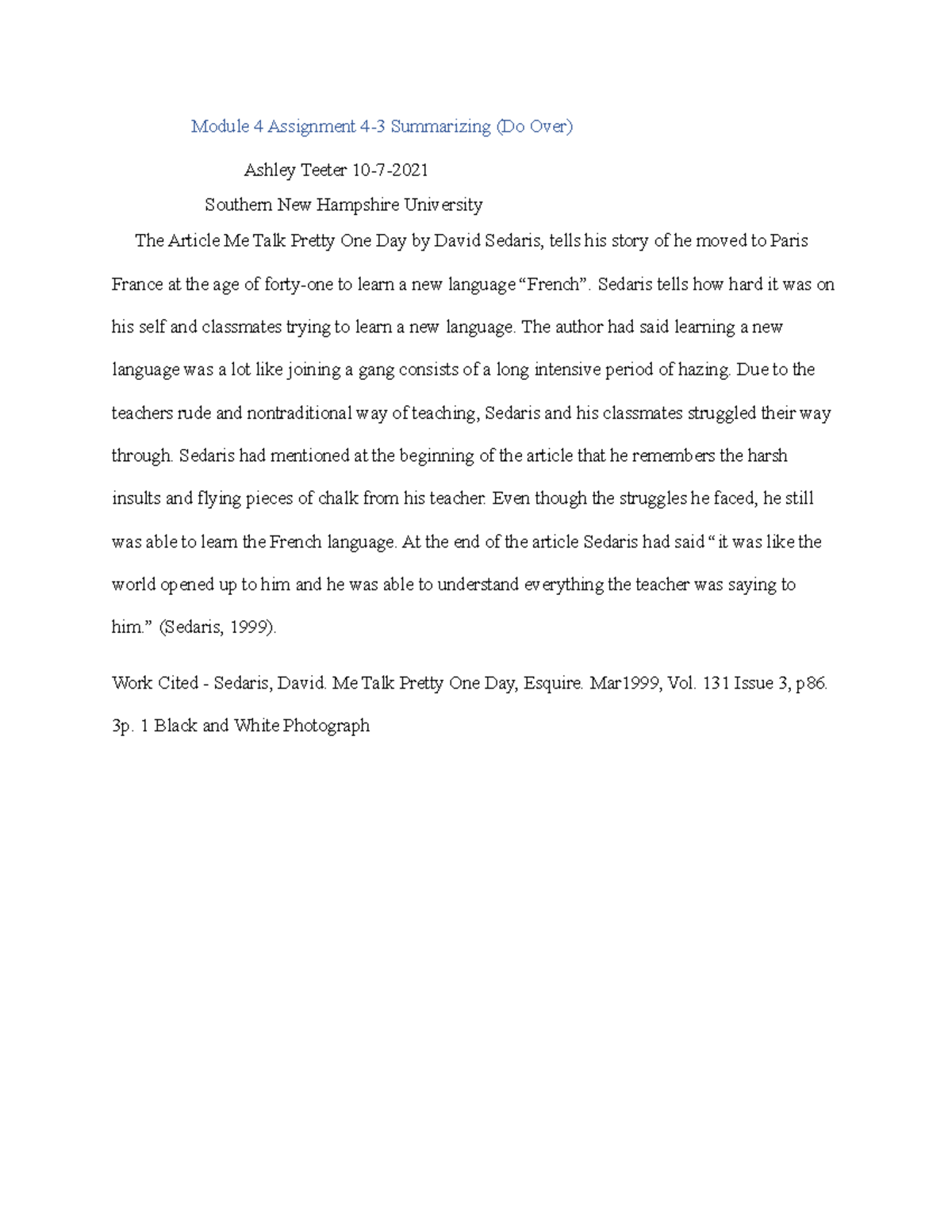 Module 4 Assignment 4-3 Do over - Module 4 Assignment 4-3 Summarizing ...