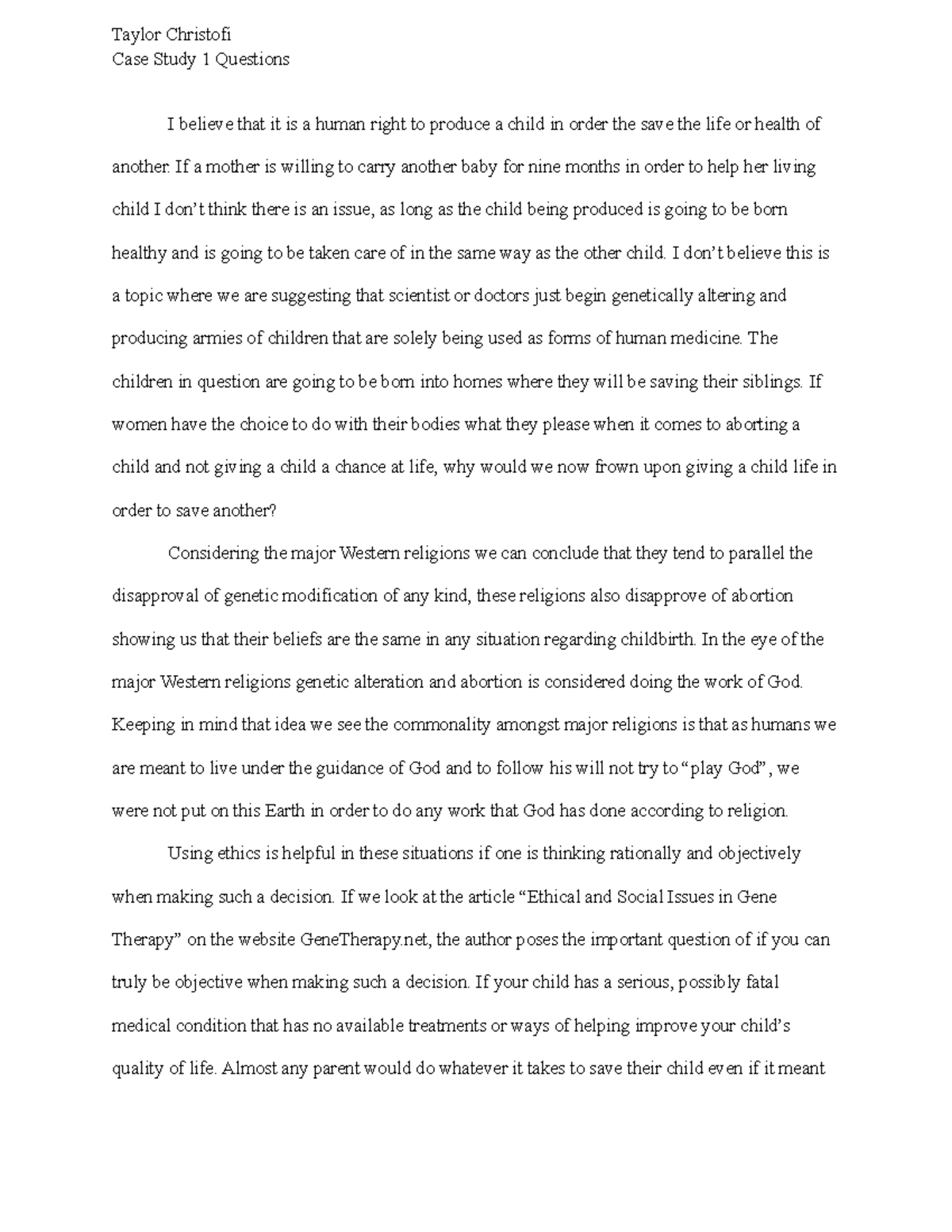 Case Study #1 PHR-102-005 - Taylor Christofi Case Study 1 Questions I ...