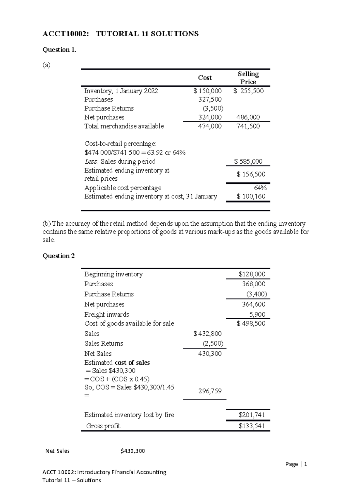 ACCT10002 Tutorial 11 Solutions - ACCT10002: TUTORIAL 11 SOLUTIONS ...
