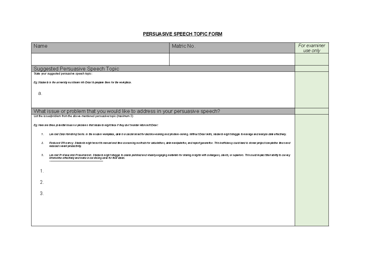 Form A - Persuasive Speech Topic - PERSUASIVE SPEECH TOPIC FORM Name ...