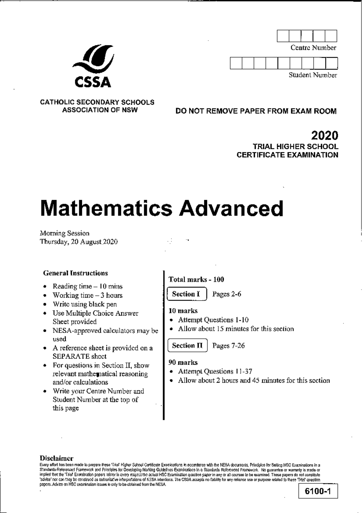 2020 HSC Trial - Section I Pages 2- 10 marks • Attempt Questions 1 ...