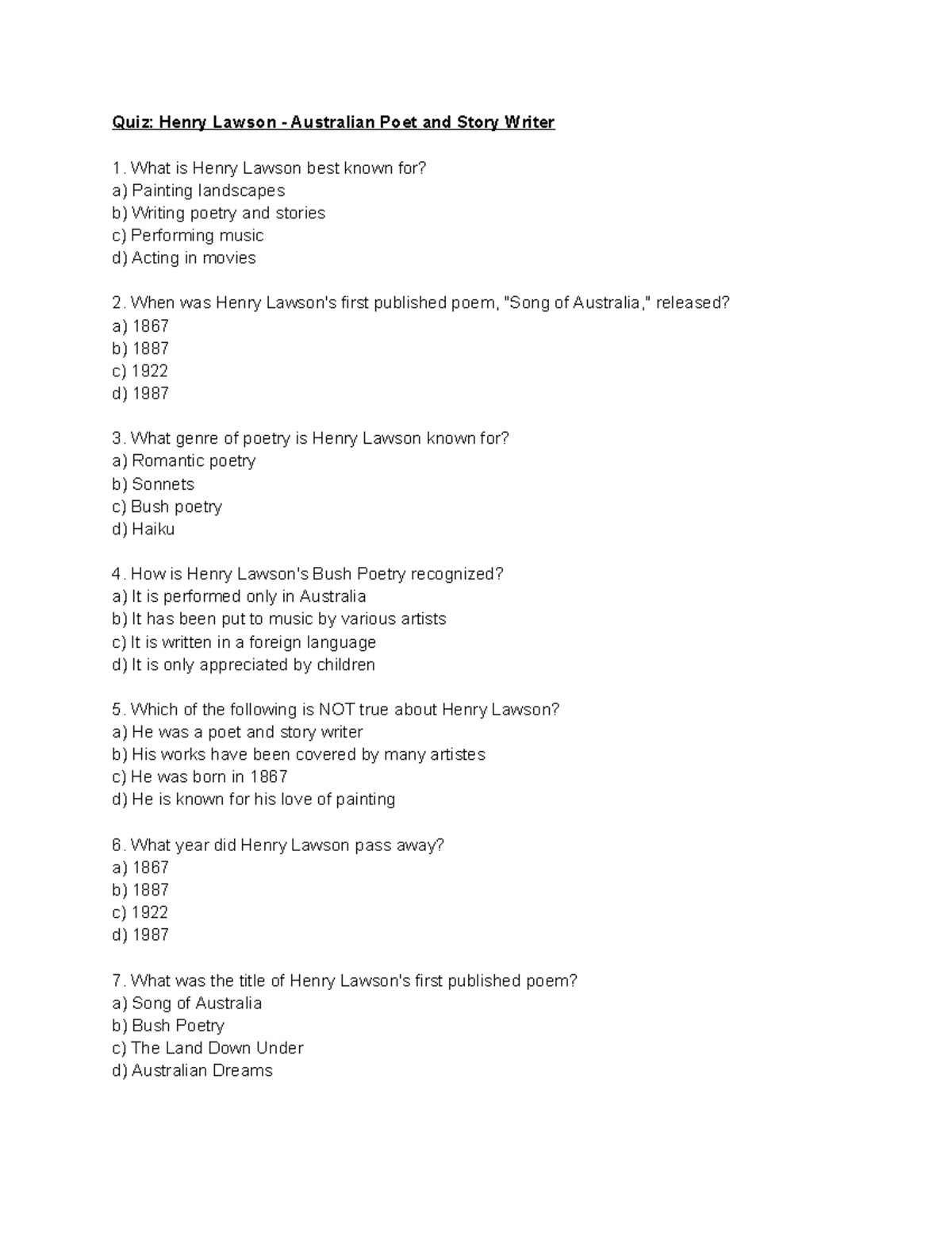 Grade Level 8 - Quiz - testing knowledge - Quiz: Henry Lawson ...