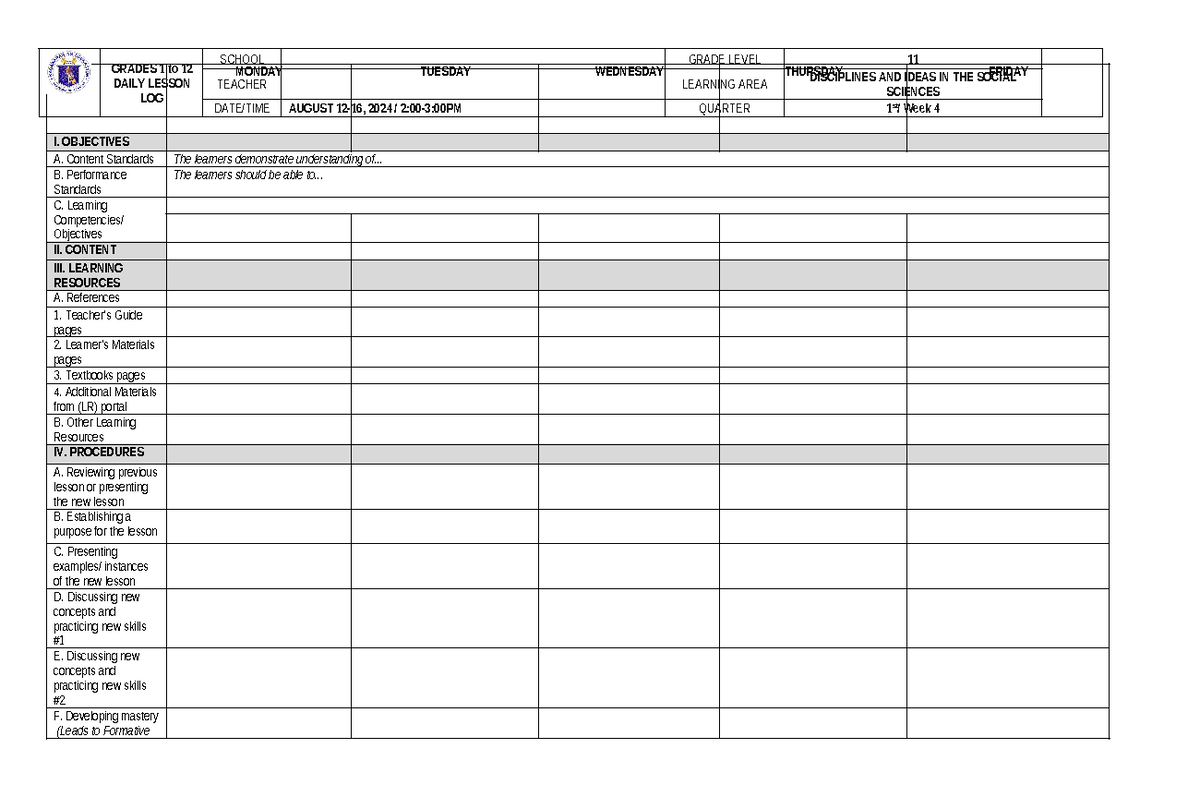 DISS DLL Template - MONDAY TUESDAY WEDNESDAY THURSDAY FRIDAY I ...