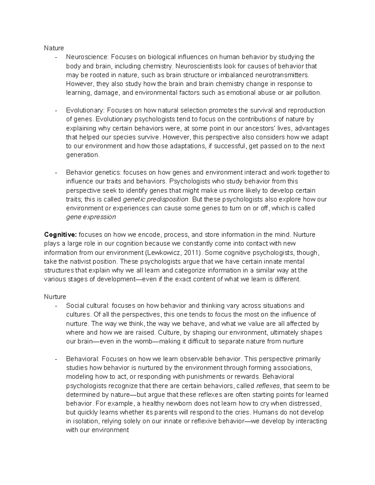 PSY-108 Psychology's Seven Perspectives Notes - Nature - Neuroscience ...