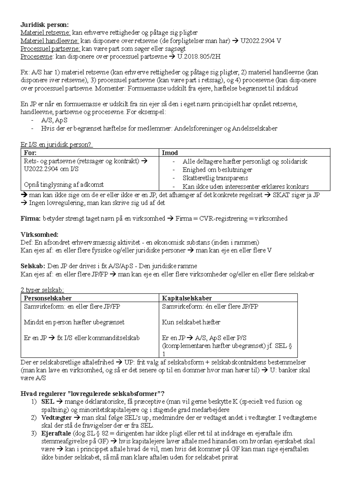 De centrale begreber - Noter - Juridisk person: Materiel retsevne: kan erhverve rettigheder og ...
