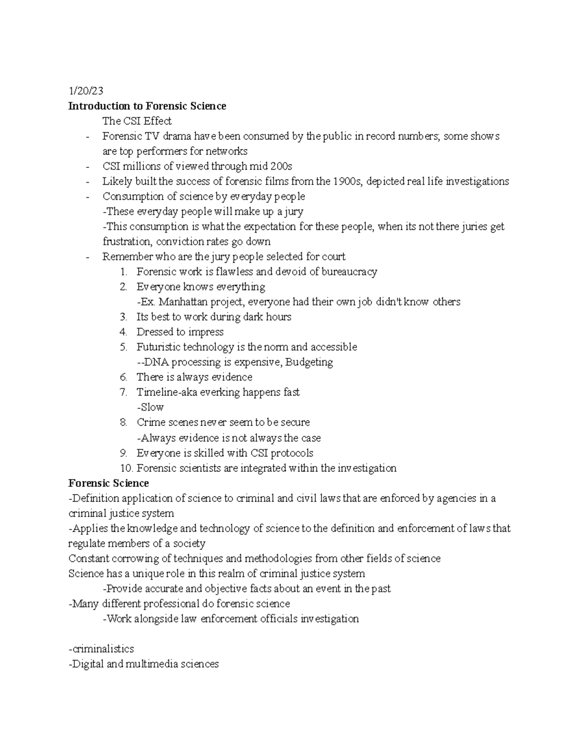 #1 Lecture Notes - ANTH 245 - 1/20/ Introduction to Forensic Science ...