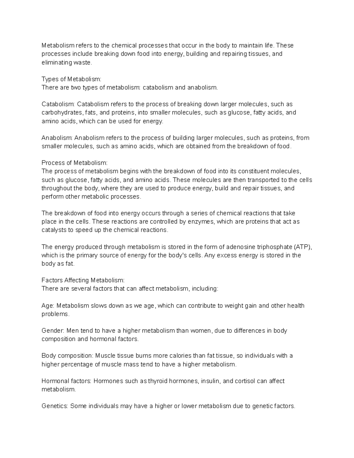 Metabolism Notes - Metabolism refers to the chemical processes that ...