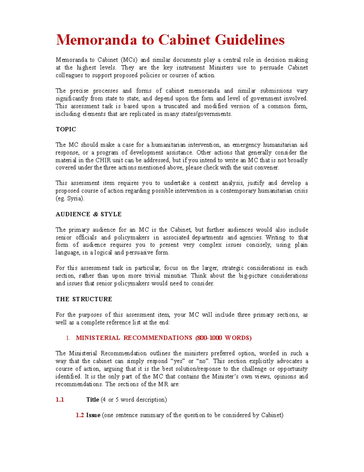 CHIR Memoranda to Cabinet 2018 - Memoranda to Cabinet Guidelines ...