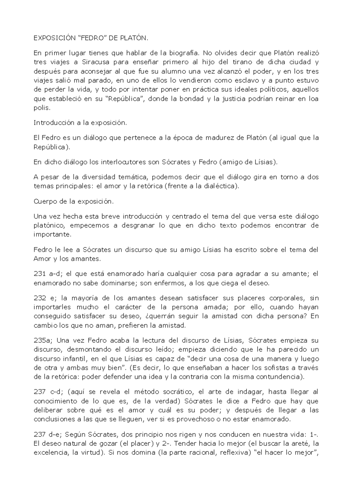 Exposición Fedro - EXPOSICIÓN “FEDRO” DE PLATÓN. En primer lugar tienes ...