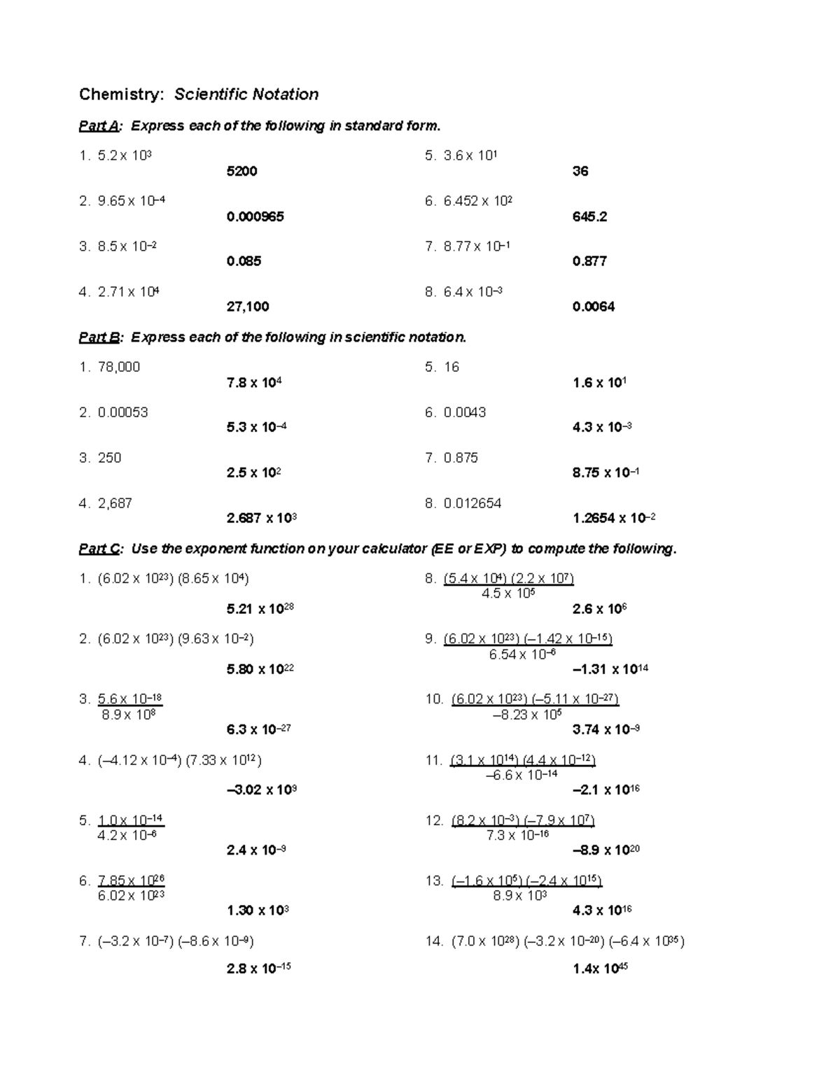 Scientific Notation Student Wksht - Chemistry: Scientific Notation Part ...