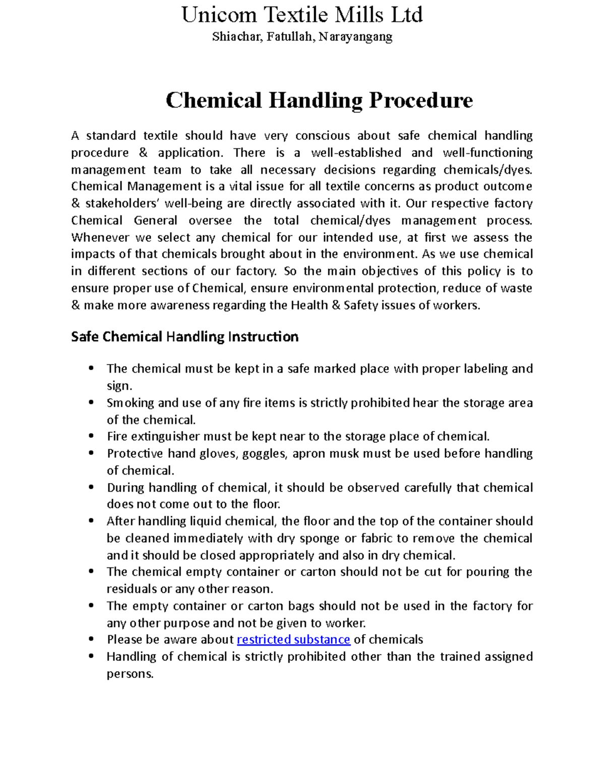 Chemical Handling Procedure - Shiachar, Fatullah, Narayangang Chemical ...