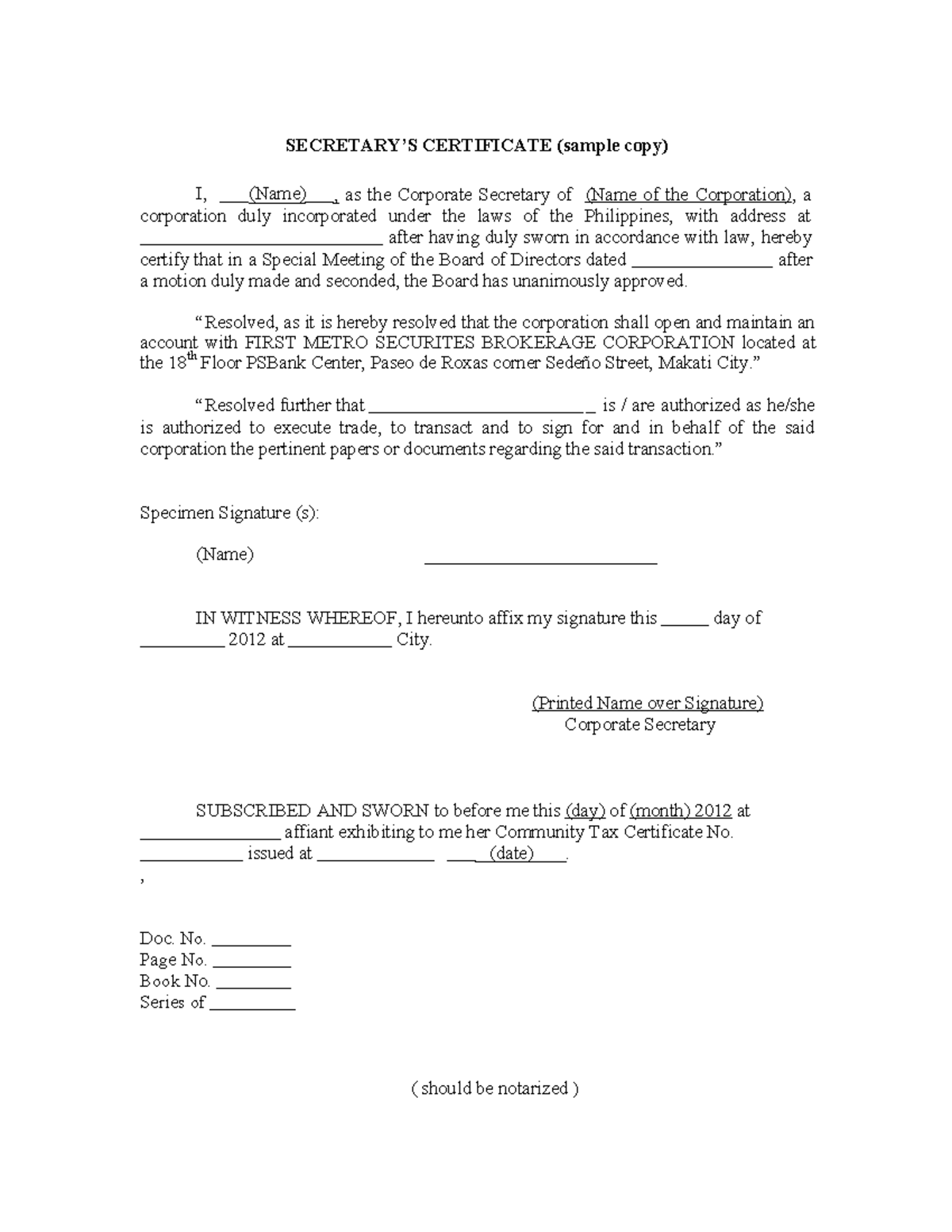Secretarys Certificate (sample copy) 1423796306 - SECRETARY’S ...