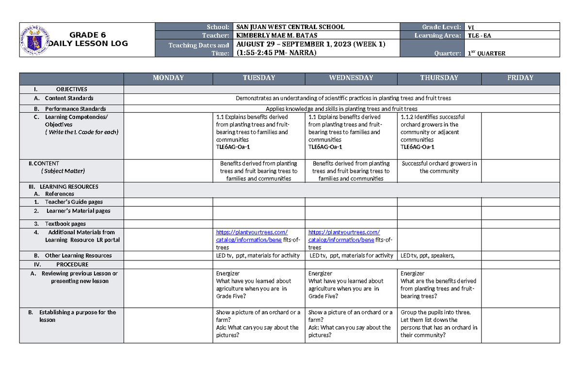 DLL TLE 6 Q1 W1 - axsc - GRADE 6 DAILY LESSON LOG School: SAN JUAN WEST ...