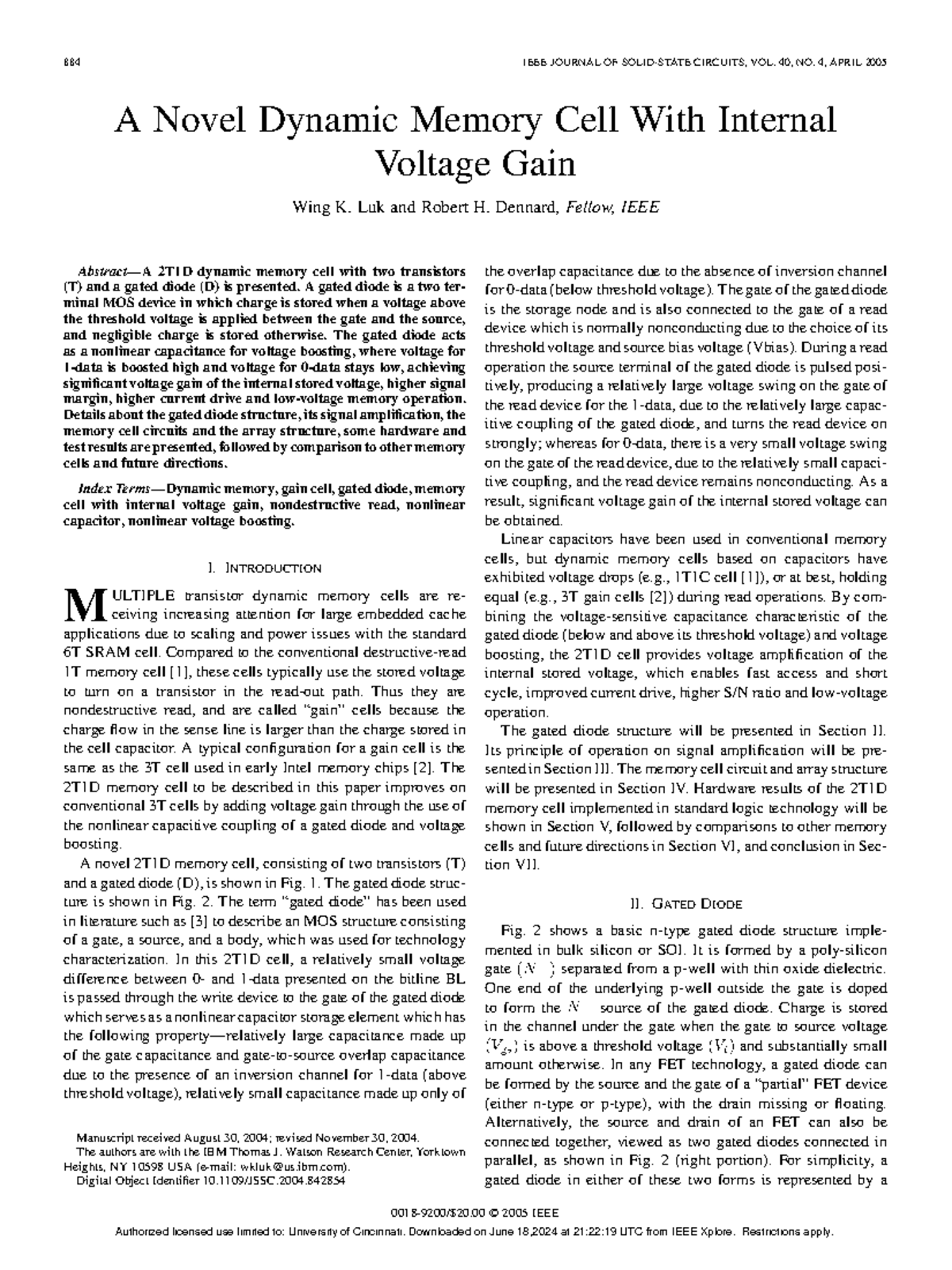 A novel dynamic memory cell with internal voltage gain - 884 IEEE ...