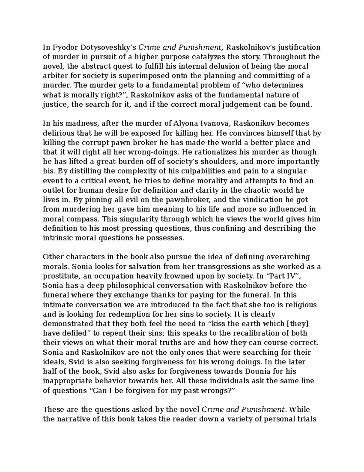 Crime And Punishment Character Analysis - In Fyodor Dotysoveshky’s ...