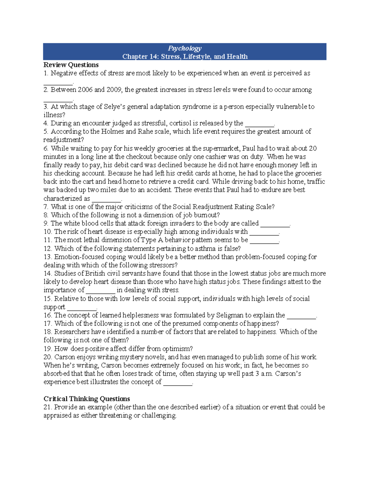 Chapter 14 - Assignments and quizzes - Psychology Chapter 14: Stress ...