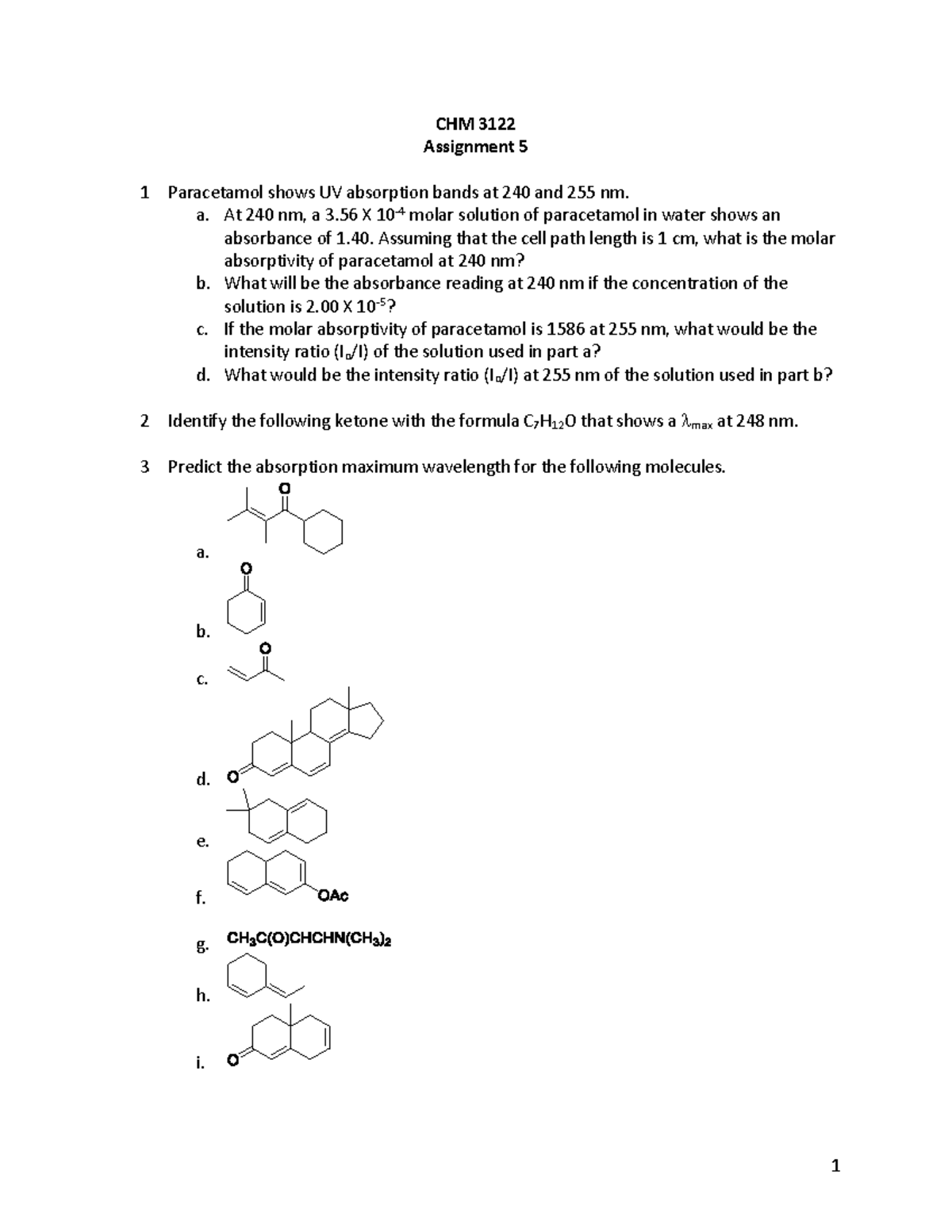 Assignment 5 2022 Practise 1 Chm 3122 Assignment 5 1 Paracetamol Shows Uv Absorption Bands 