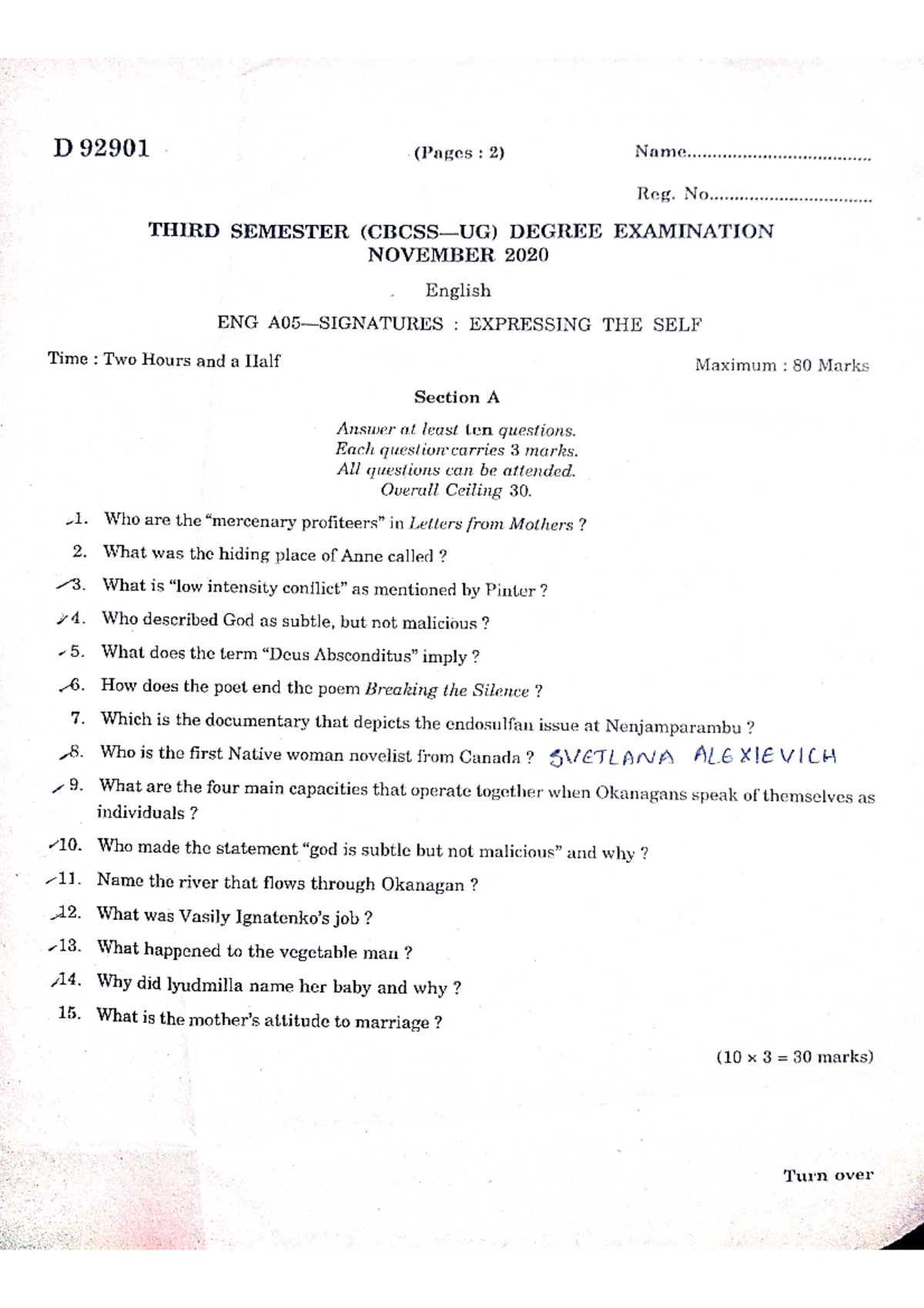 3rd semester signature question paper - Ba, Bsc, Signature - Studocu