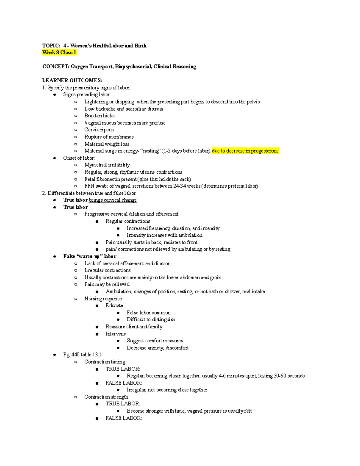 OB Test 2 - Lecture notes - TOPIC: 4 - Women’s Health/Labor and Birth ...