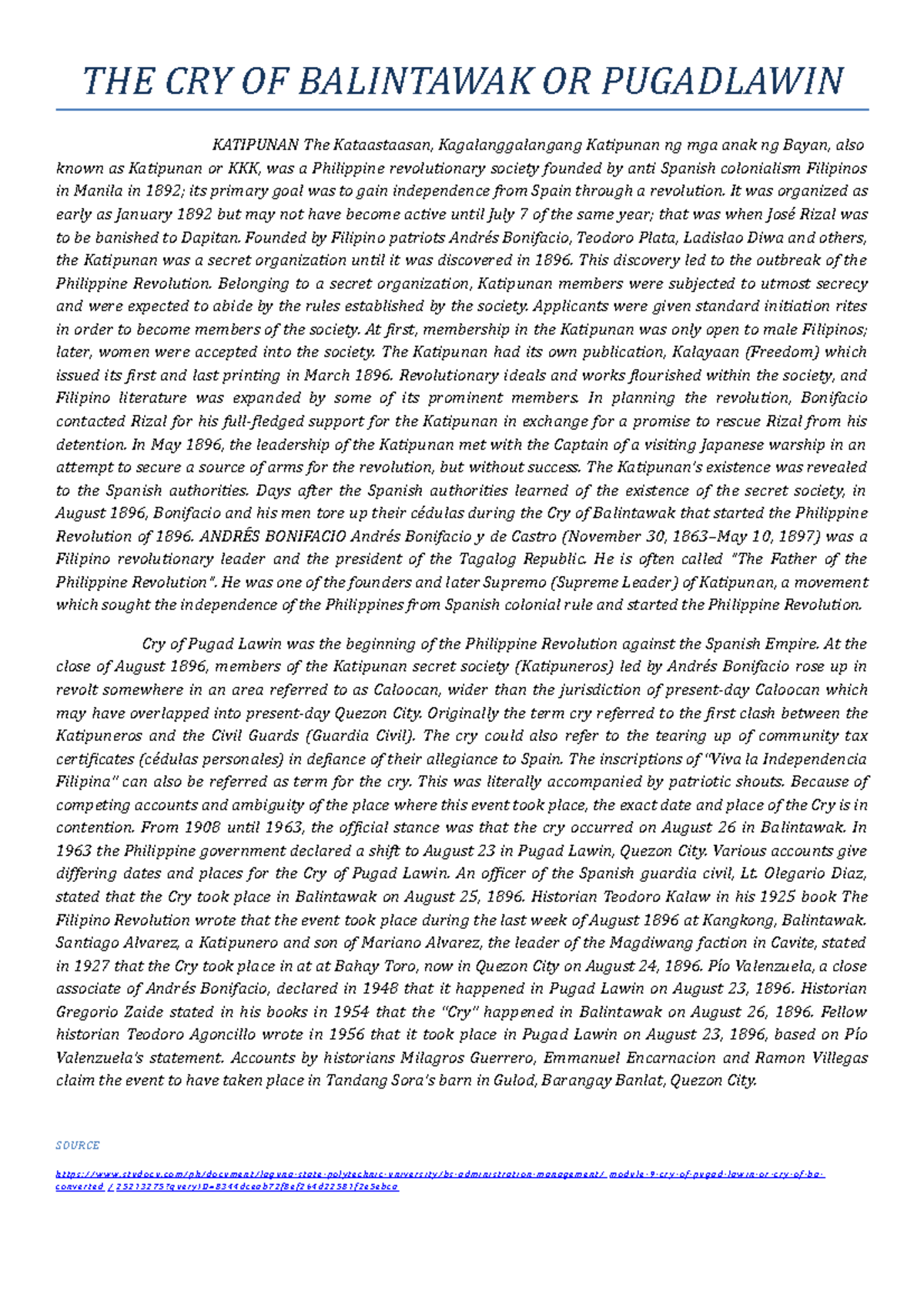 The Cry of Balintawak or Pugadlawin - THE CRY OF BALINTAWAK OR ...