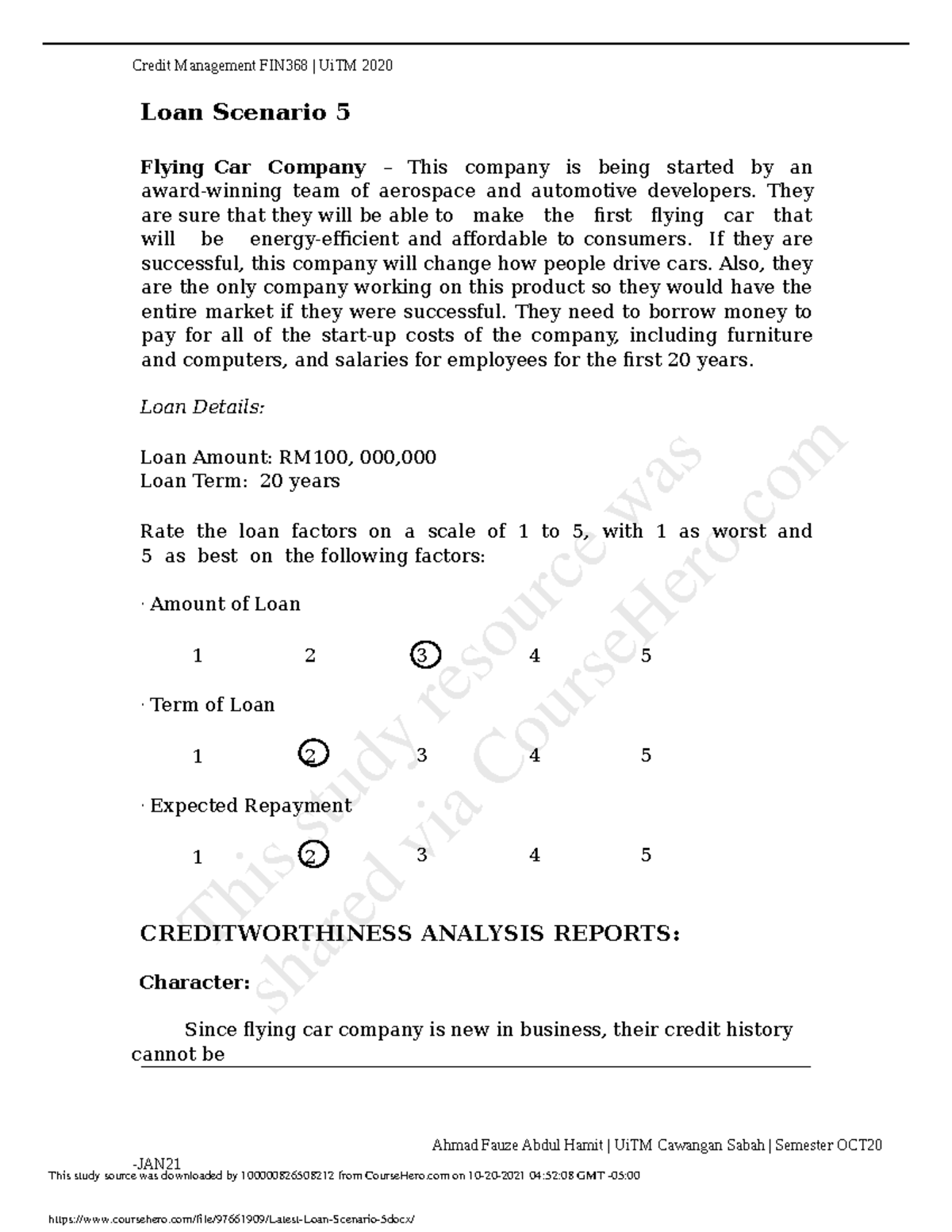 Latest Loan Scenario 5 - credit management - UiTM - Studocu