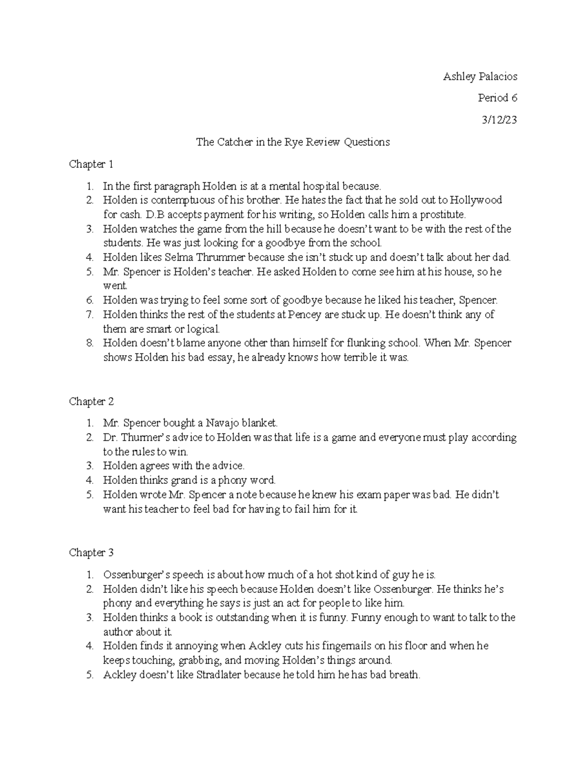 Chapter 1-4 catcher review - Ashley Palacios Period 6 3/12/ The Catcher ...