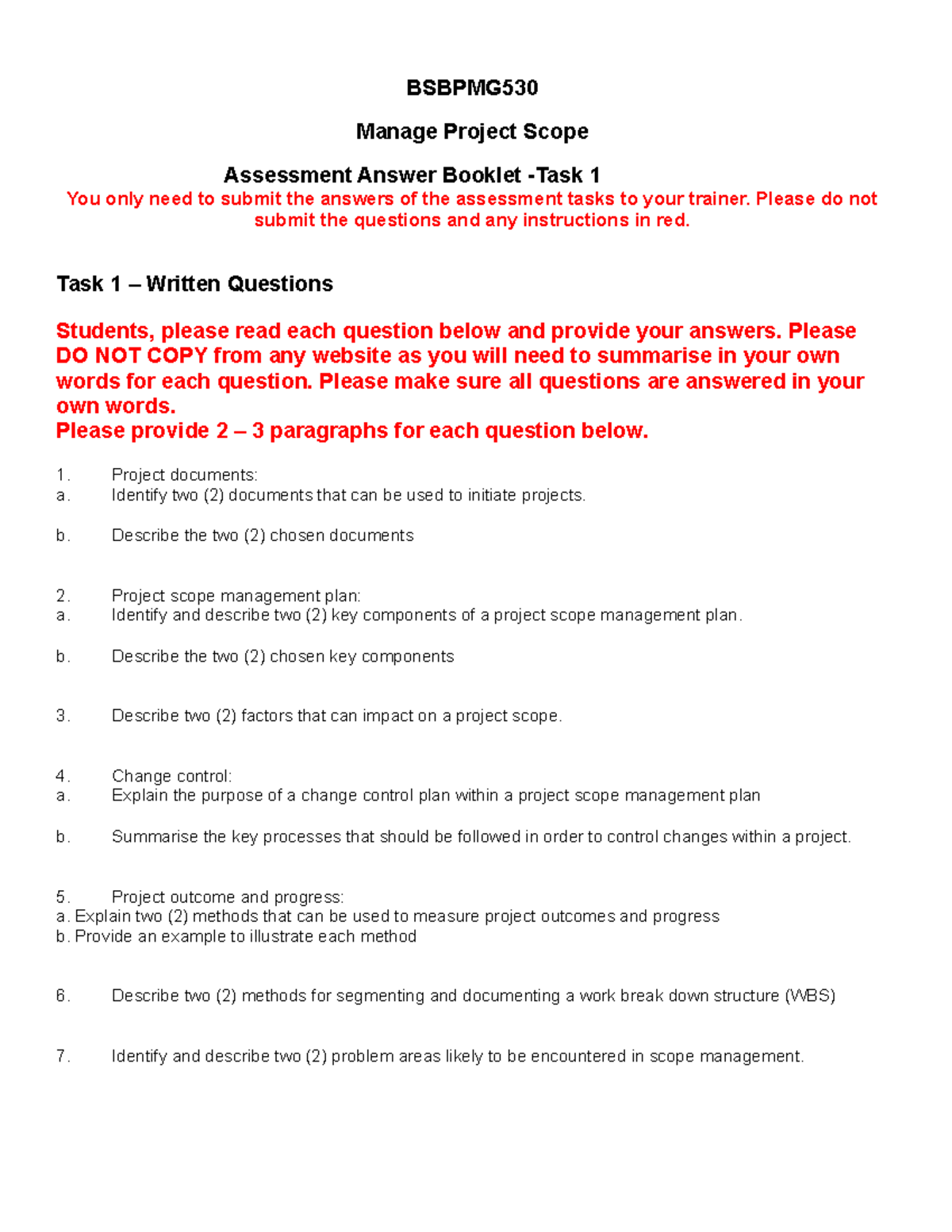 Assessment Tasks - Great handout. - BSBPMG Manage Project Scope ...