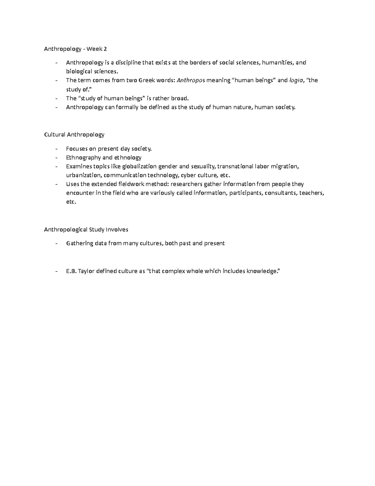 Anthro notes - Anthropology - Week 2 - Anthropology is a discipline ...
