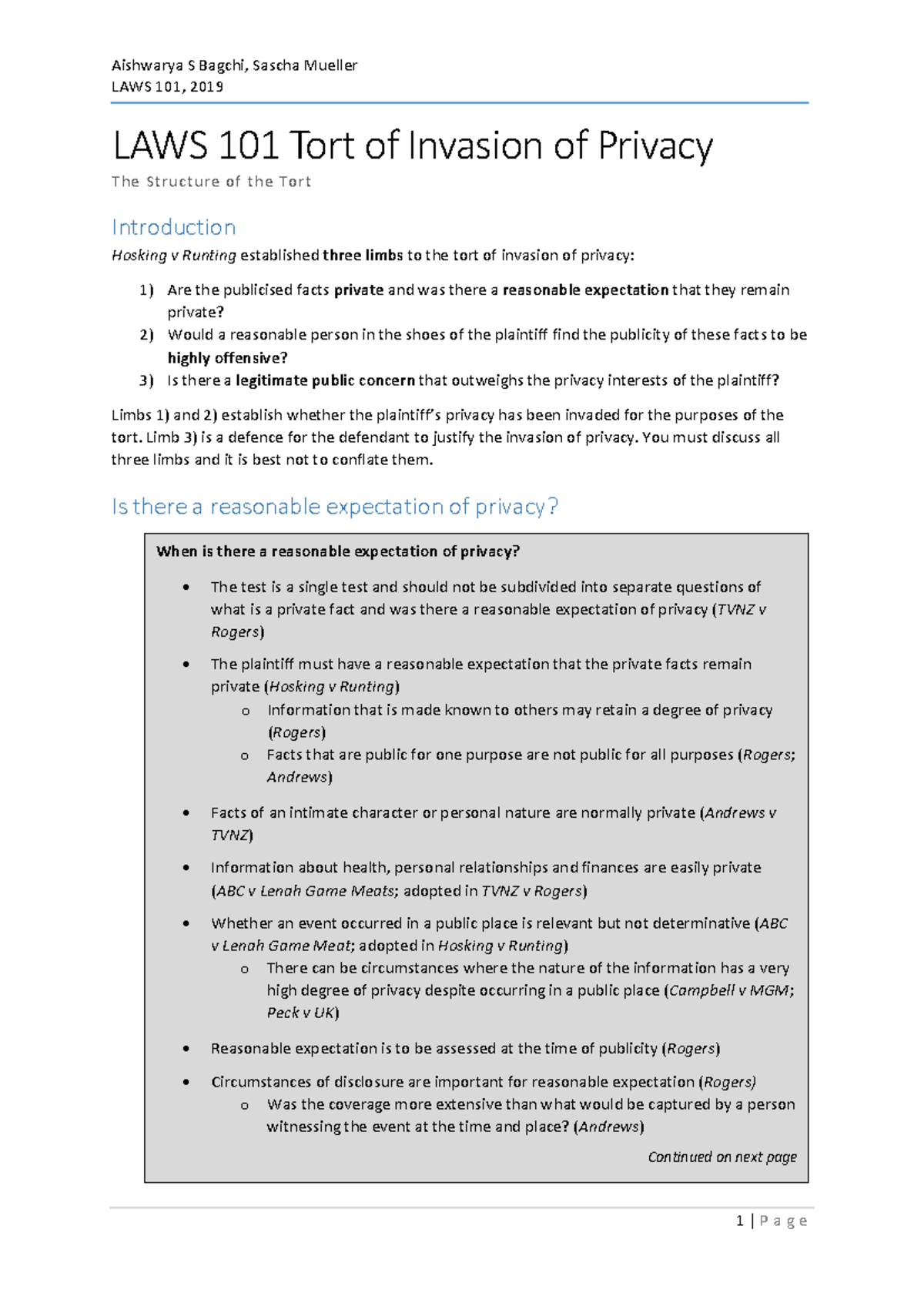 LAWS 101 The Structure of the Tort of Invasion of Privacy - Aishwarya S ...