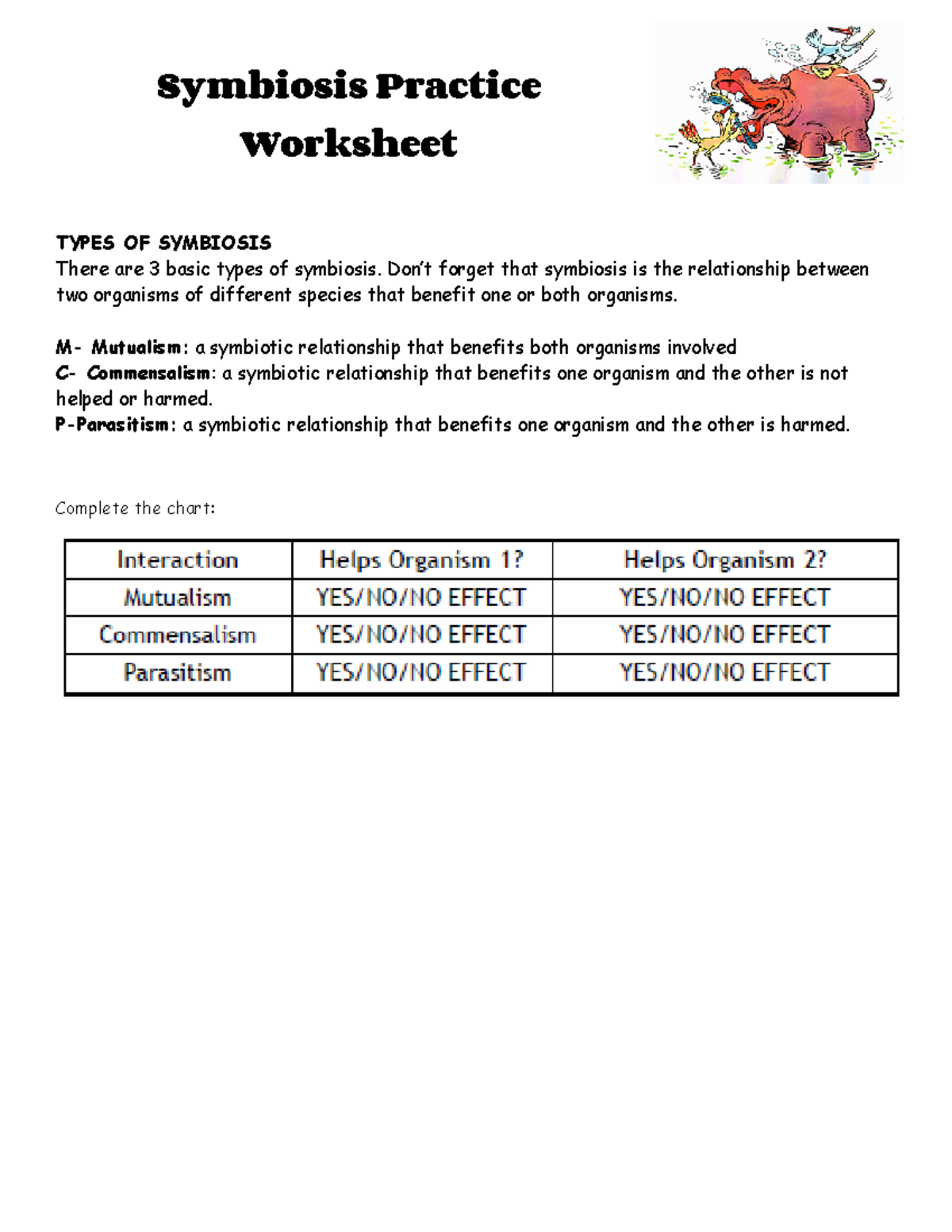 Symbiosis Reading Worksheet