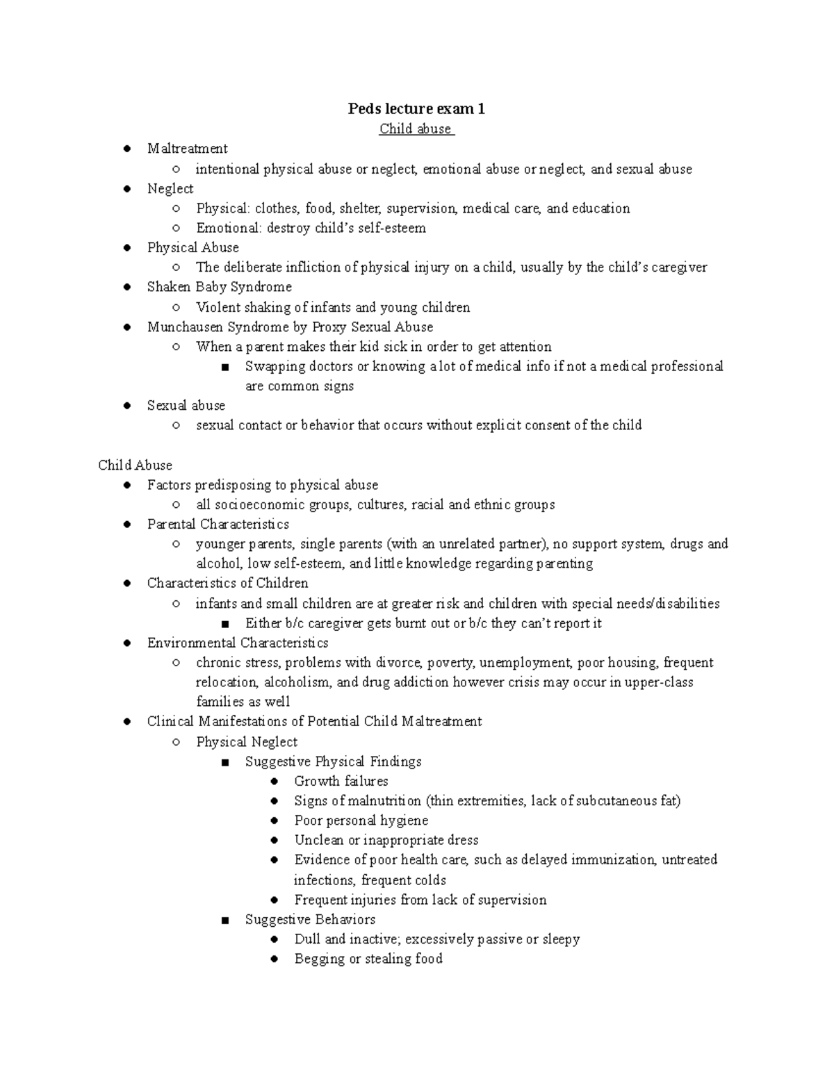 child abuse and neglect - Peds lecture exam 1 Child abuse Maltreatment ...