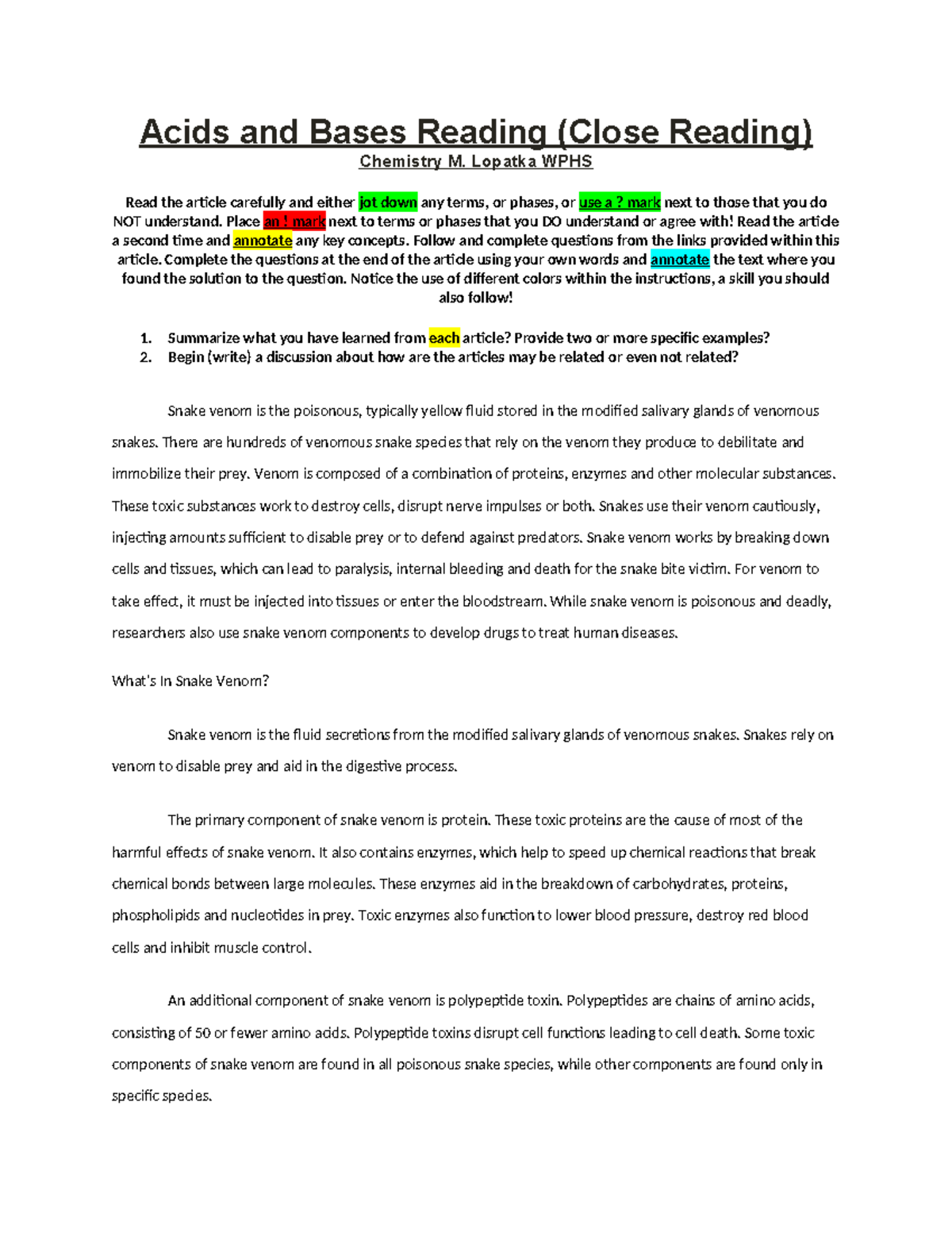 Acids and Bases p H - cfghjk - Acids and Bases Reading (Close Reading ...