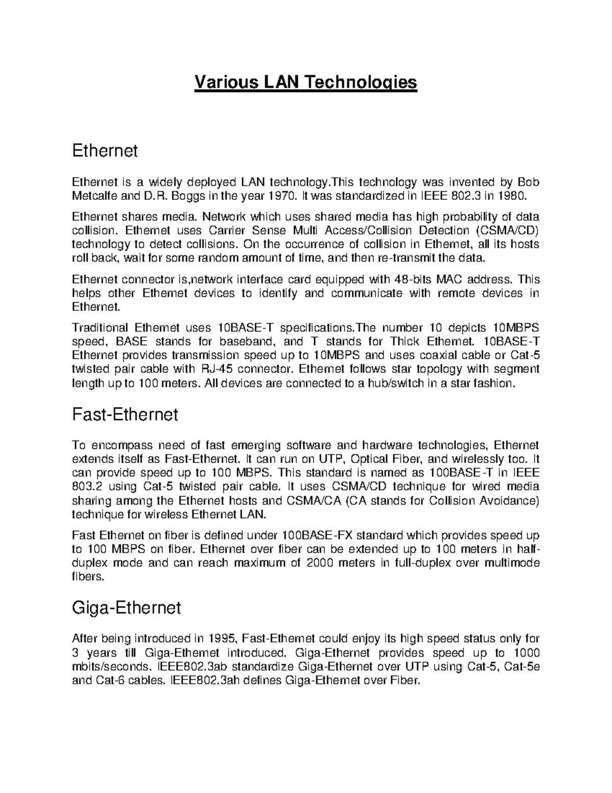 Various LAN Technologies - Various LAN Technologies Ethernet Ethernet ...