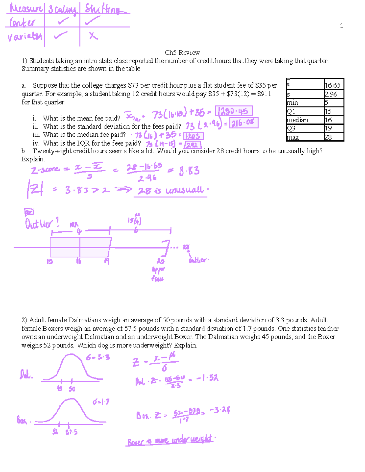 Ch05 The Normal Model Worksheet - 1 Ch5 Review Students taking an intro ...