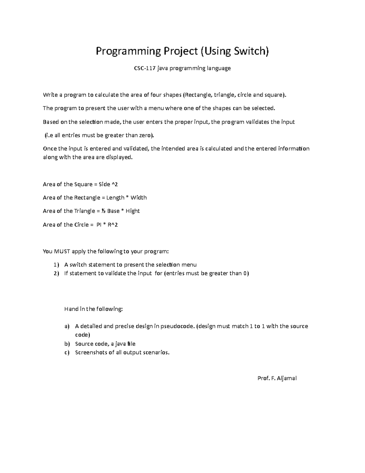 Programming Project csc-117 (Switch statment) - Programming Project (Using Switch) CSC-117 java ...