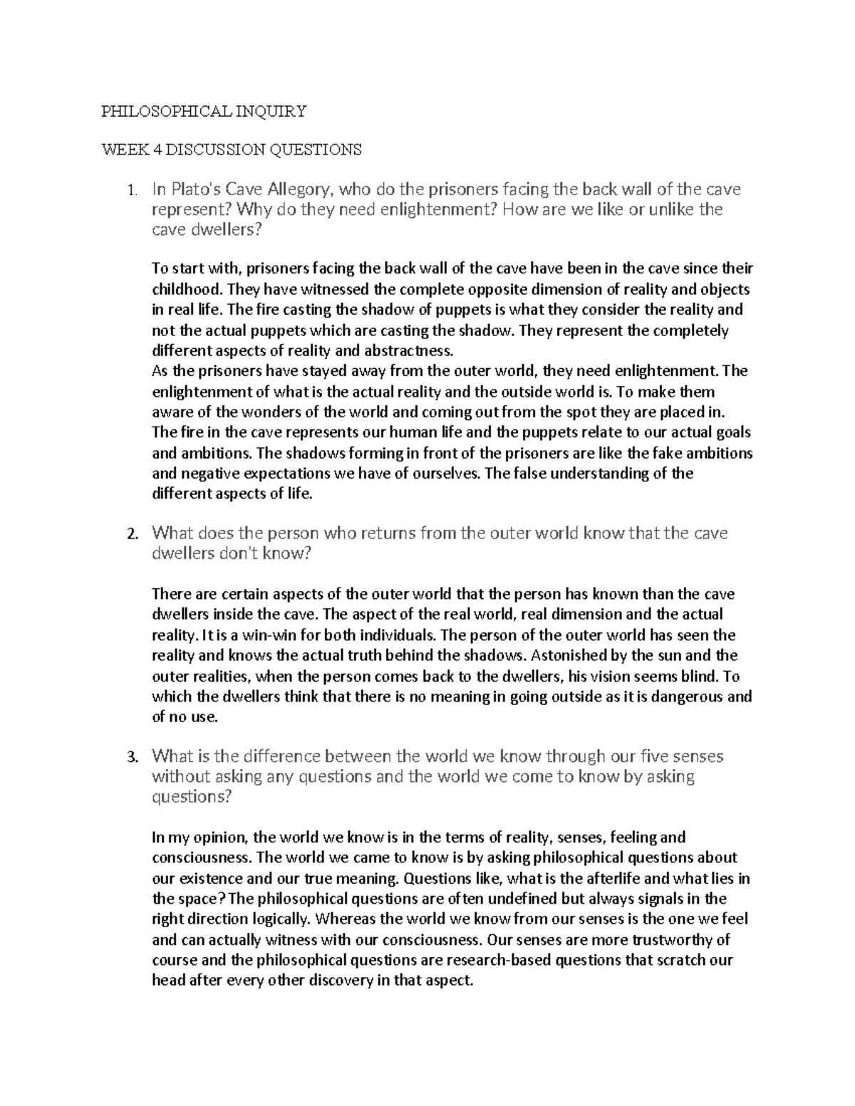 Discussion Question - Plato's Cave Allegory - PHILOSOPHICAL INQUIRY ...