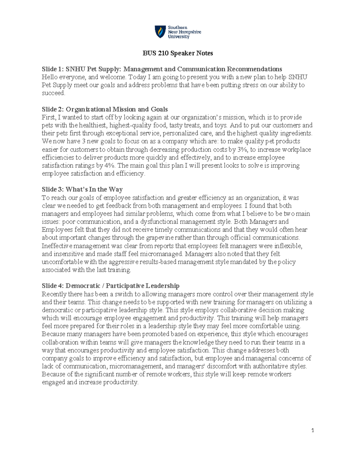 BUS 210 Speaker Notes -Olivia - BUS 210 Speaker Notes Slide 1: SNHU Pet ...