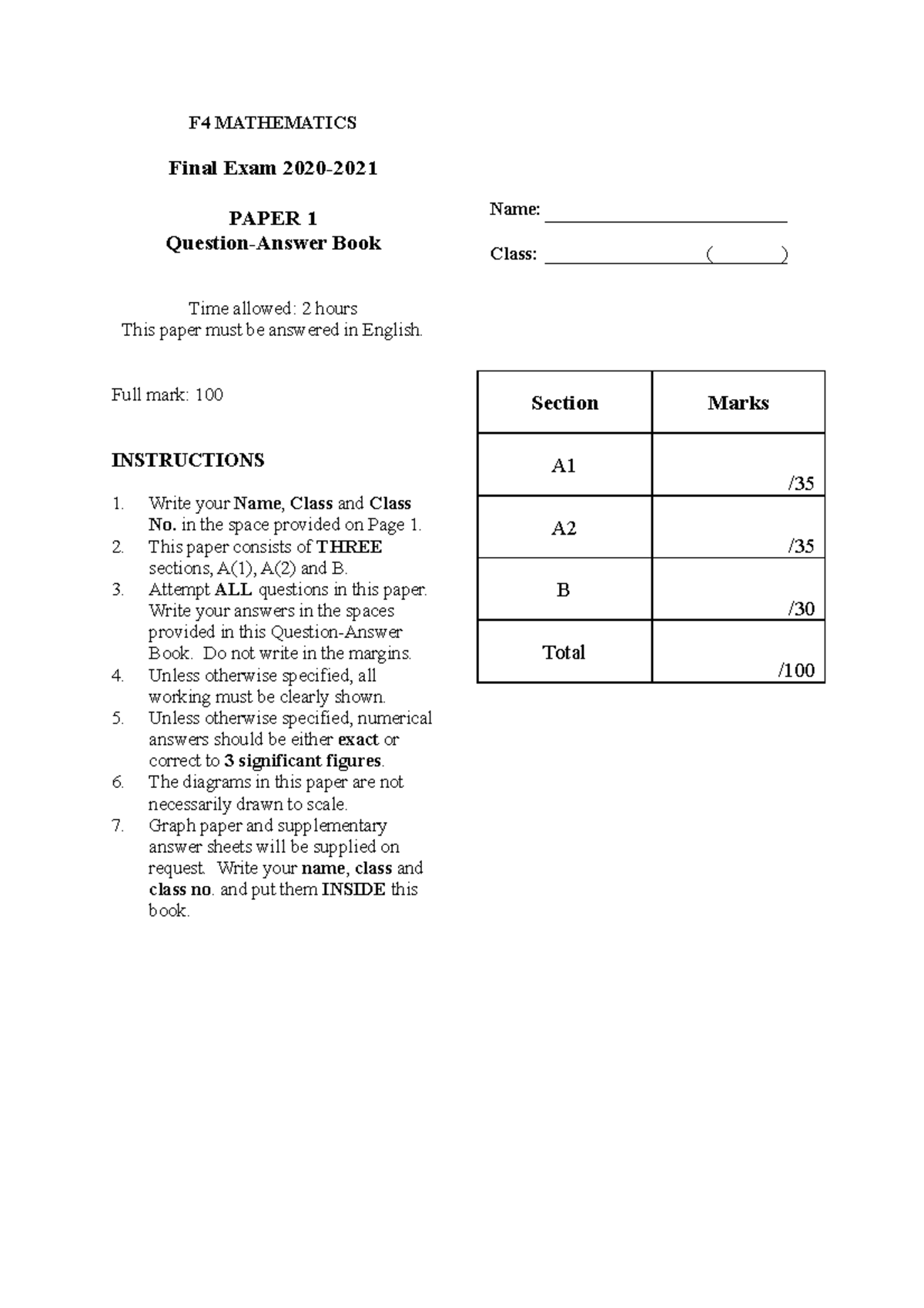 F4 P1 Final Exam 2020-21(Qn) - F4 MATHEMATICS Final Exam 2020 - 2021 ...