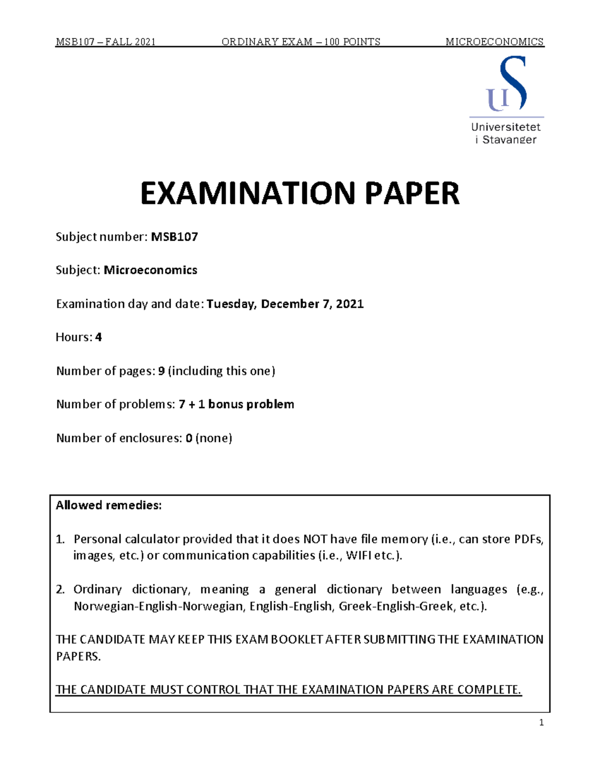 2021 Ordinary Exam - Examen - EXAMINATION PAPER Subject number: MSB ...