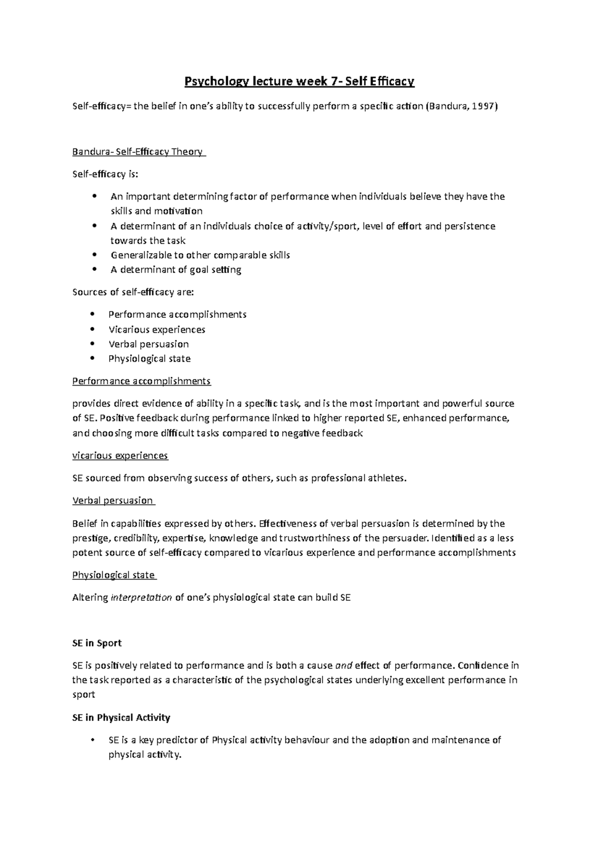 Psychology of Sport- Self-Efficacy - Psychology lecture week 7- Self ...