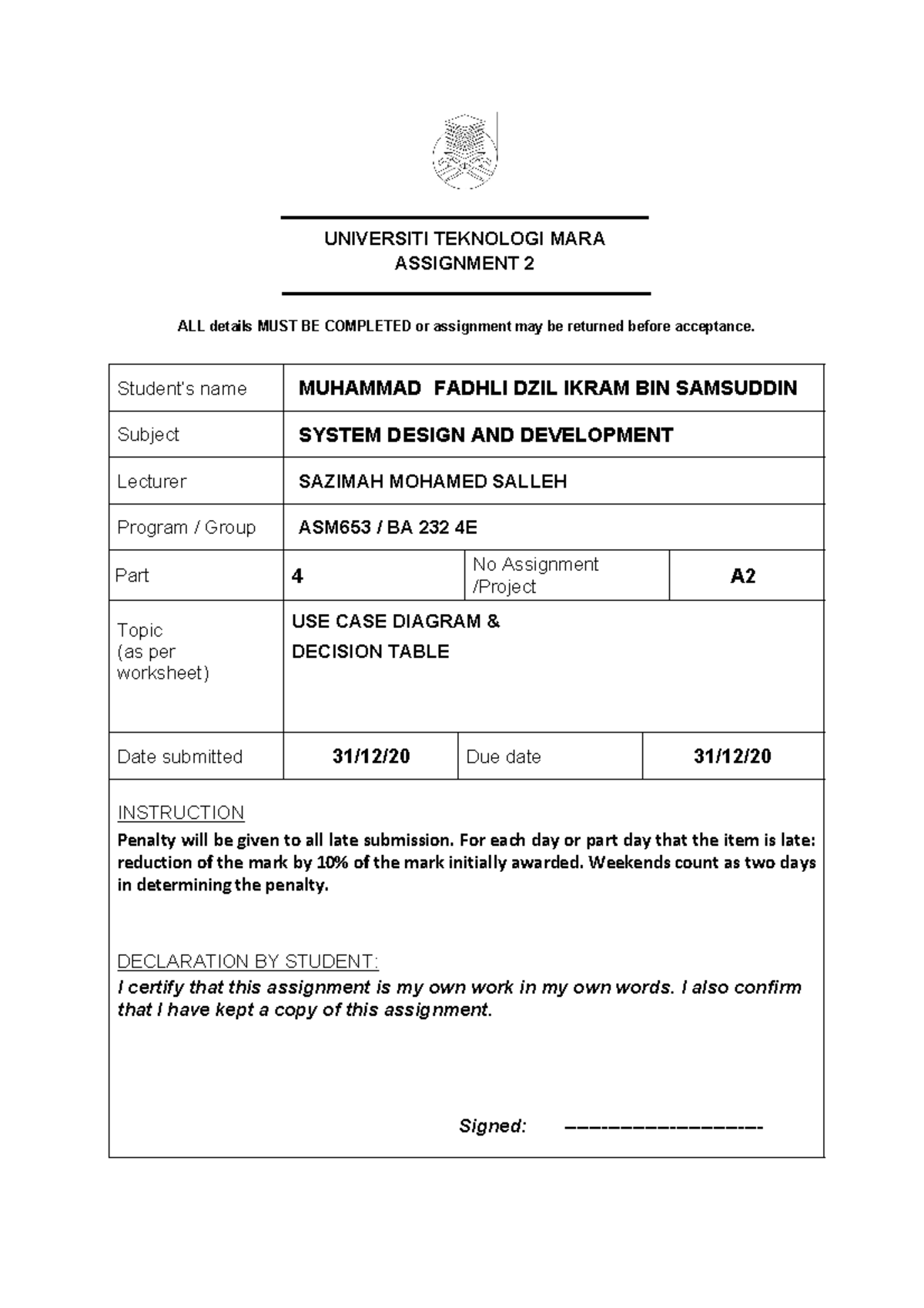 Assignment 2 ASM 653 SEM 4 - Offices Systems - UiTM - Studocu