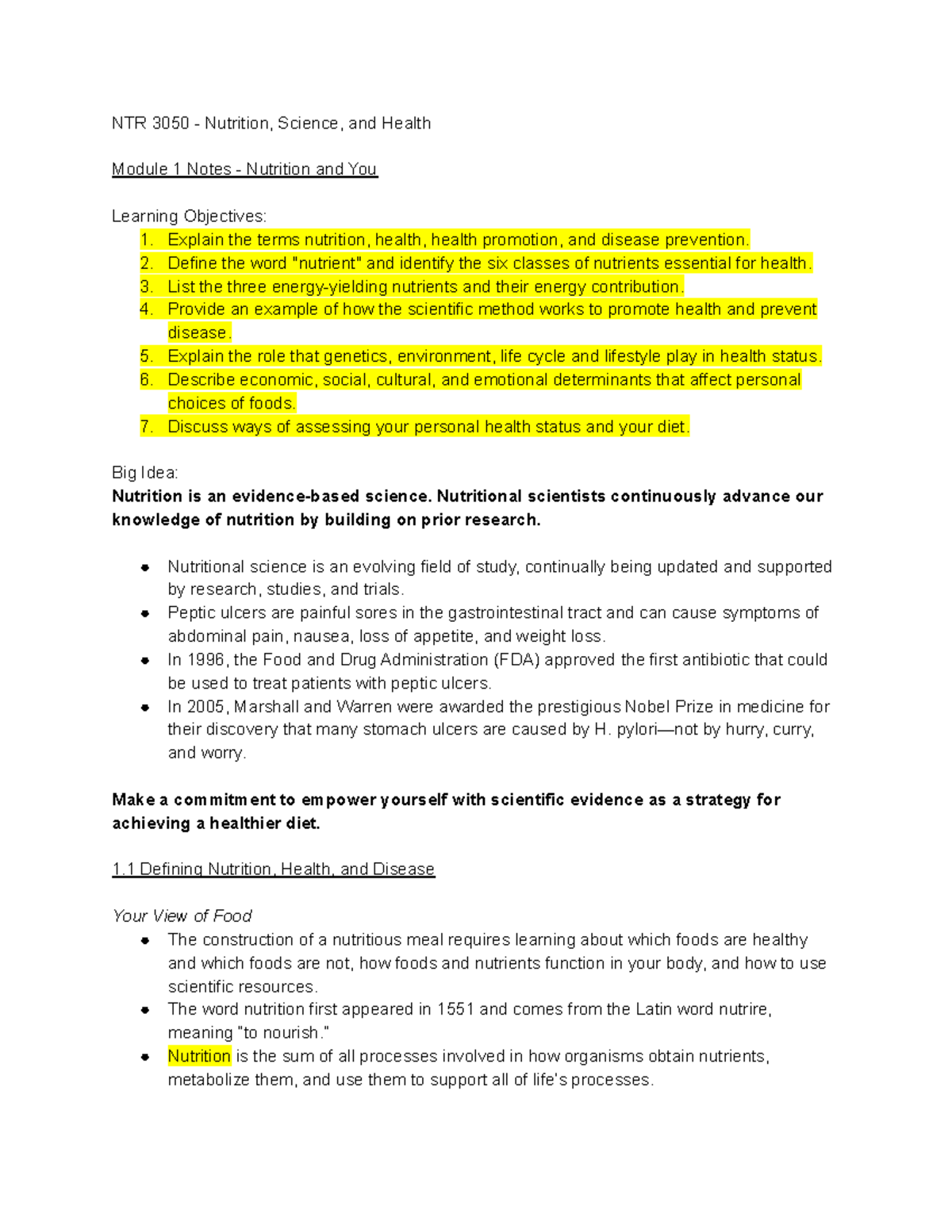 Nutrition - Module #1 Notes - NTR 3050 - Nutrition, Science, and Health ...
