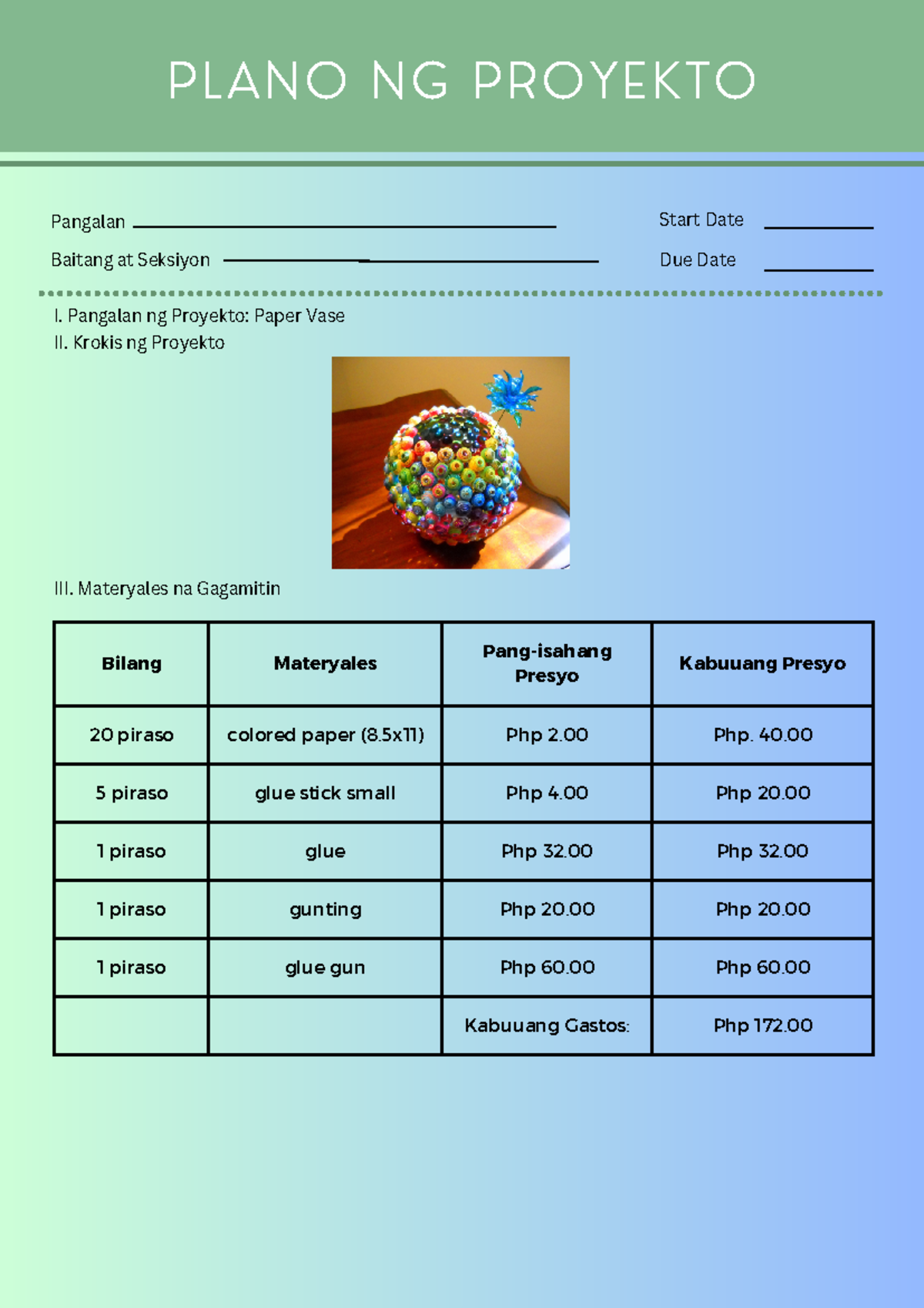 Plano ng Proyekto EPP 4 - ni\othing - Baitang at Seksiyon Start Date Due Date PLANO NG PROYEKTO ...