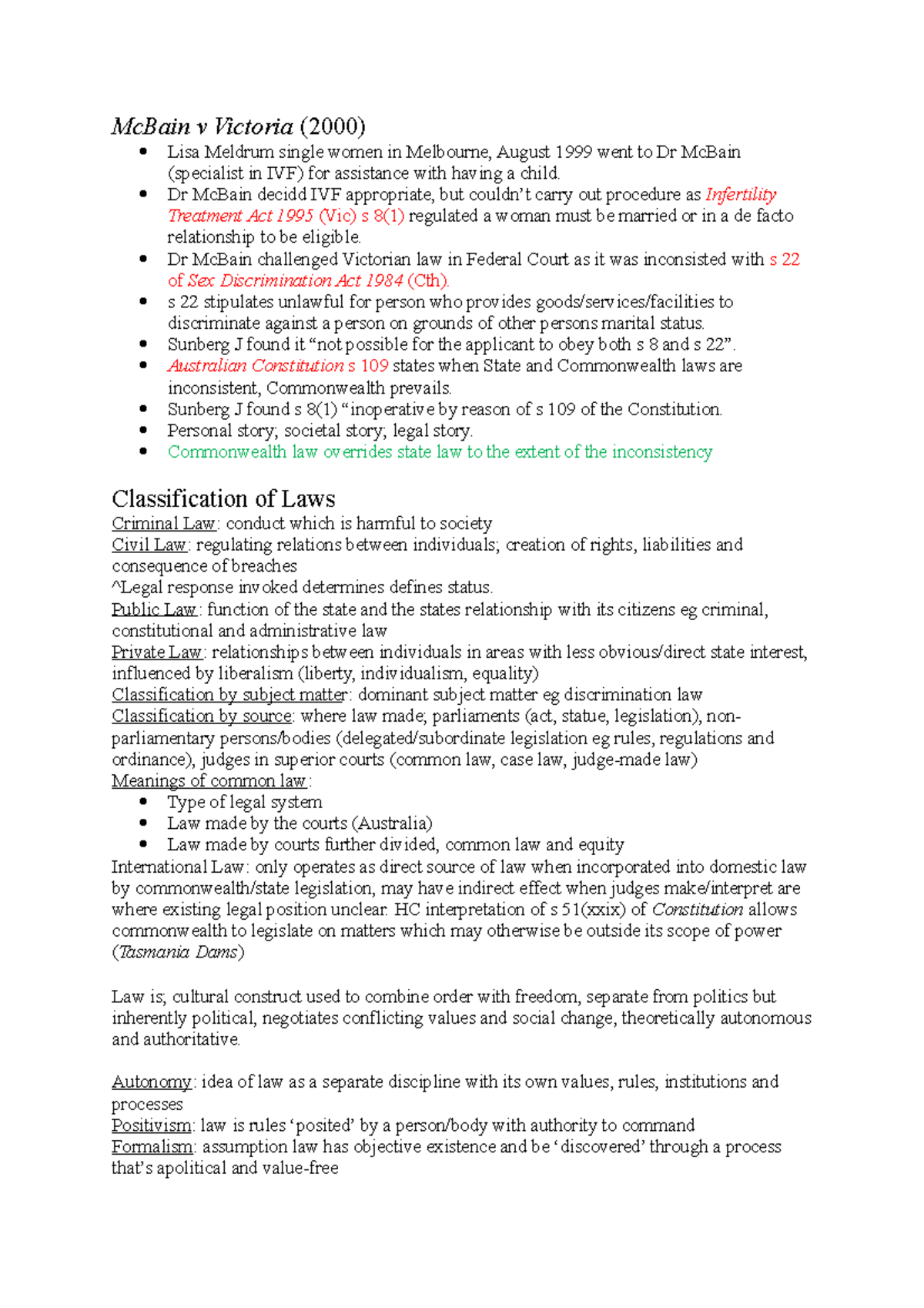 Llb100 notes - McBain v Victoria (2000) Lisa Meldrum single women in ...