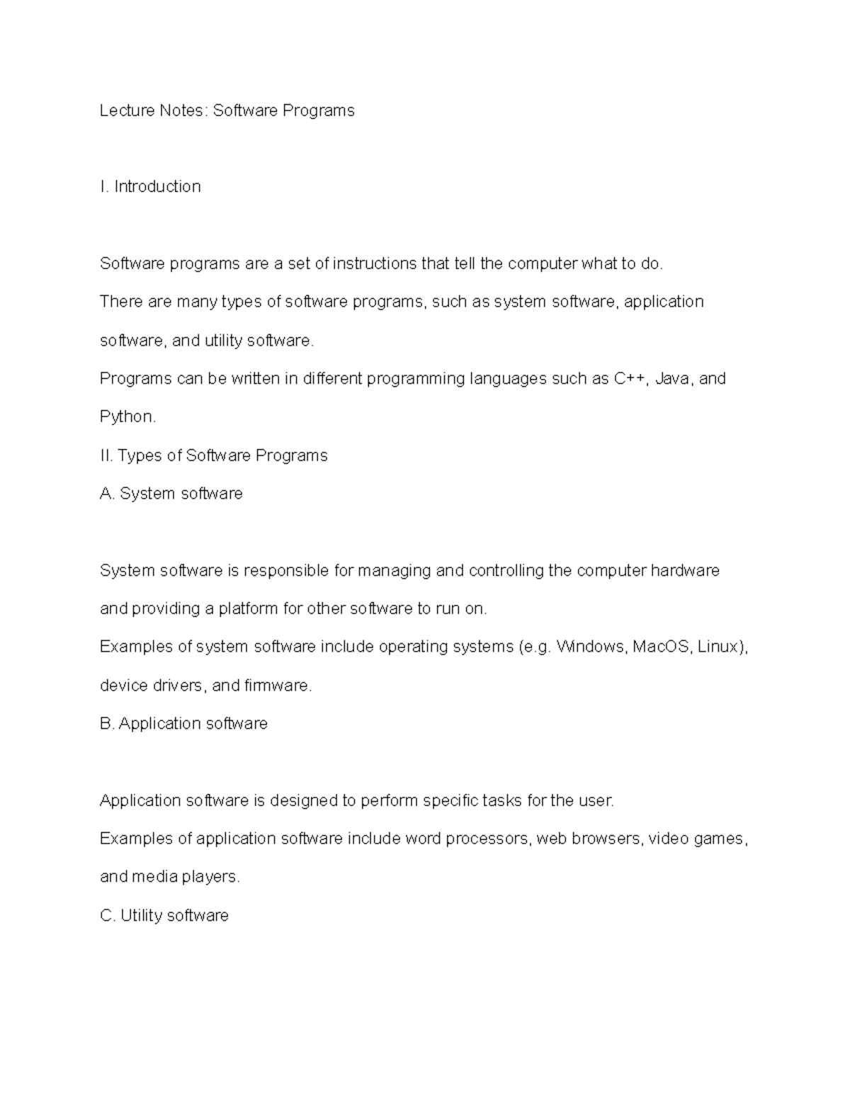 Lecture Notes Software Programs Introduction Software Programs Are A Set Of Instructions That 