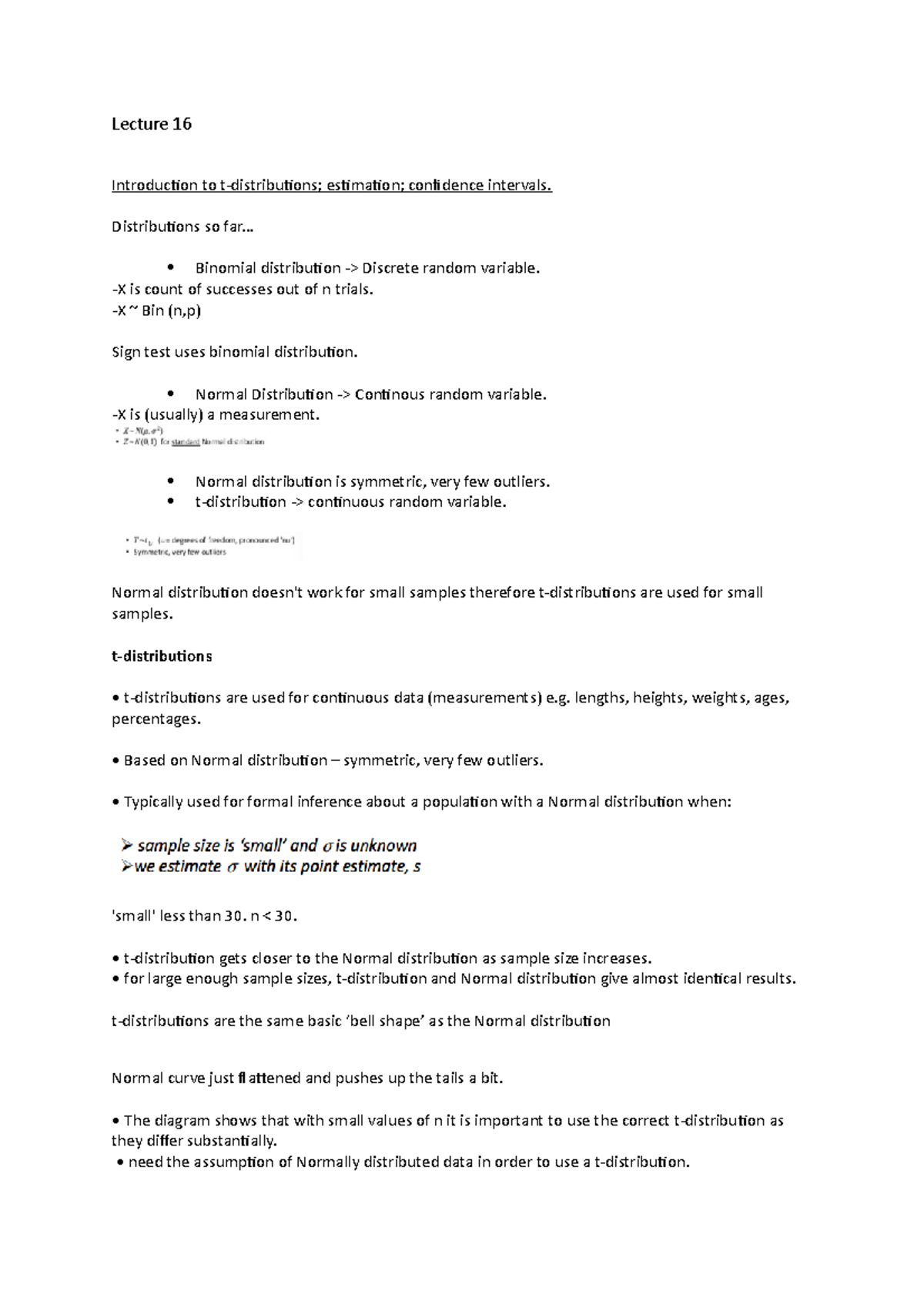 Lecture 16 - Lecture 16 Introduction to t-distributions; estimation ...