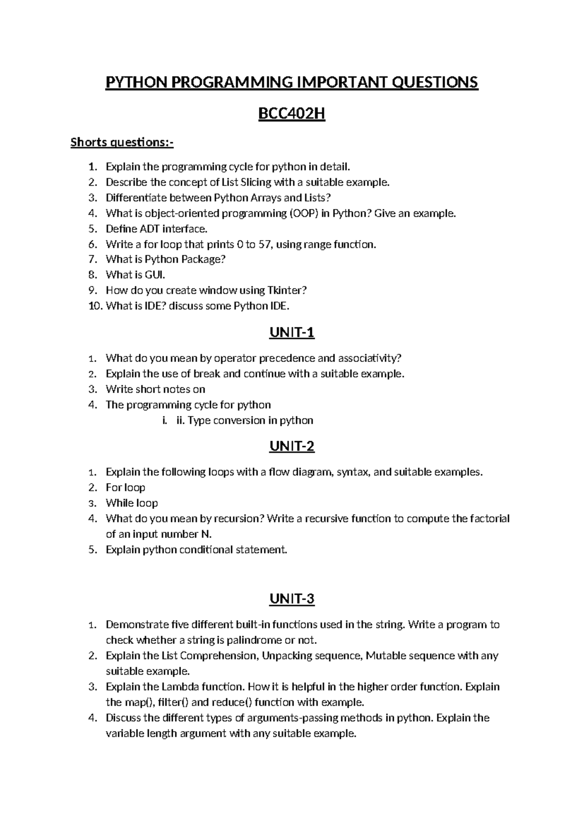 Python Programming Important Questions Python Programming Important 8603