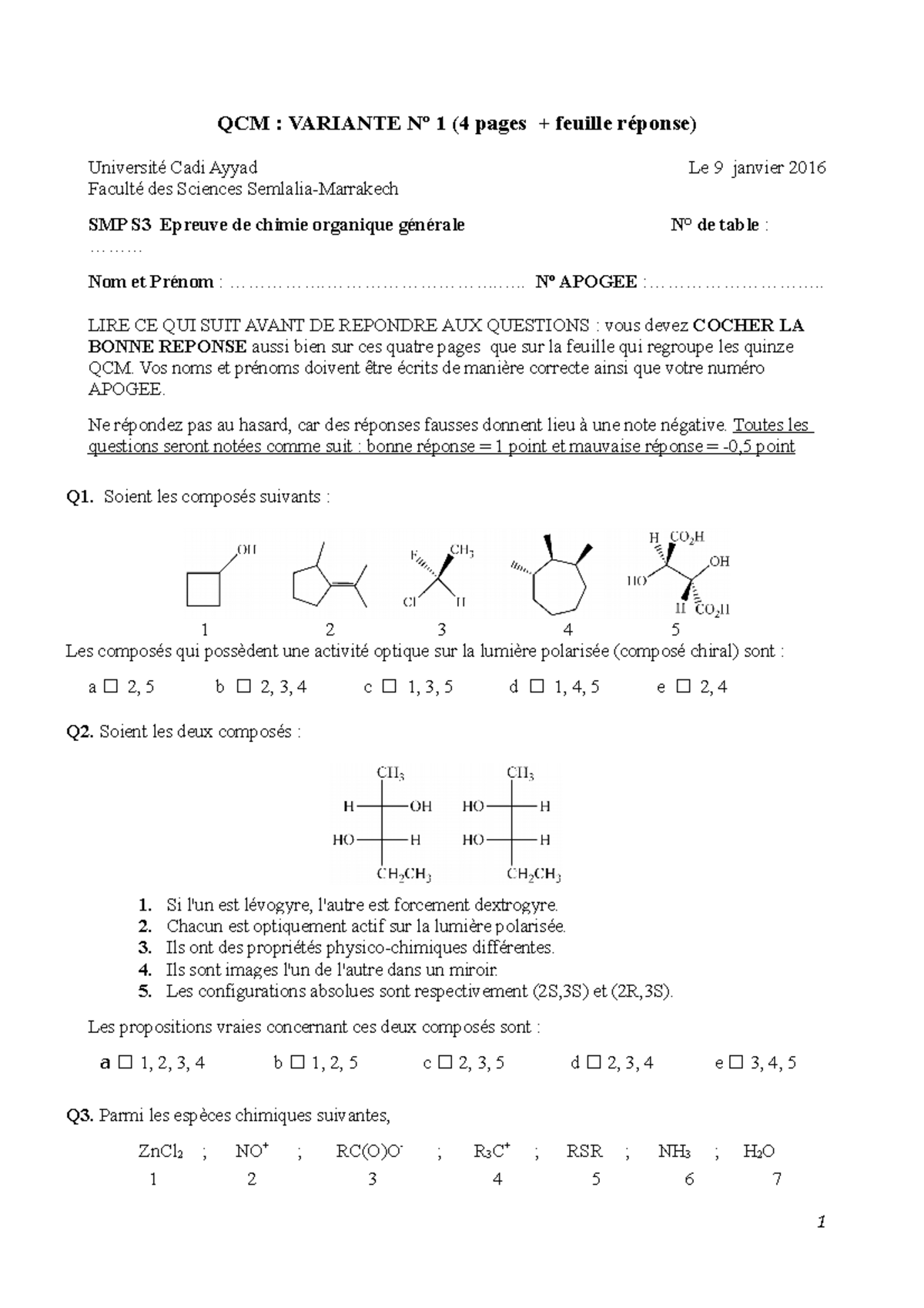 QCM variante 1 janvier 2016 - QCM : VARIANTE Nº 1 (4 pages + feuille réponse) Université Cadi ...